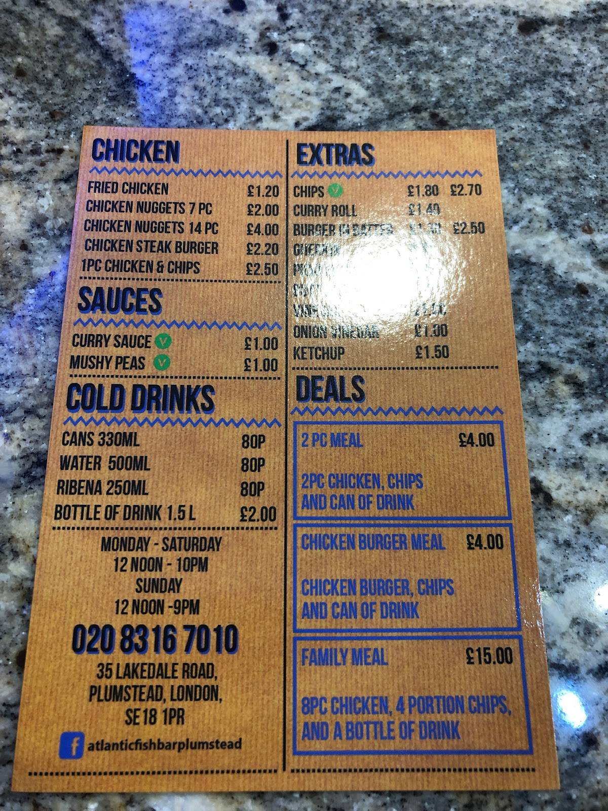 Menu at Atlantic Fish Bar Plumstead, London, 35 Lakedale Rd