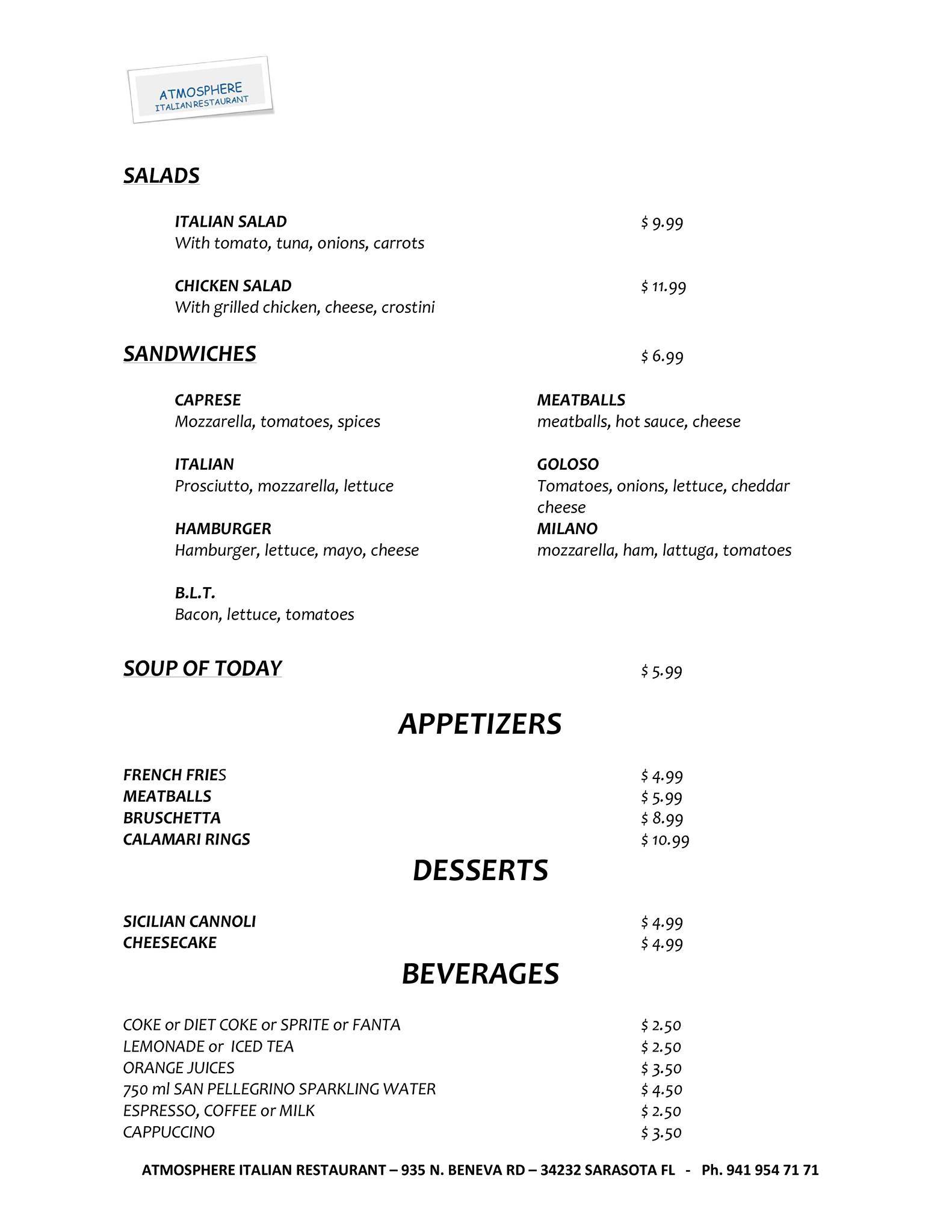 Menu at Atmosphere restaurant, Sarasota, 935 N Beneva Rd unit 409