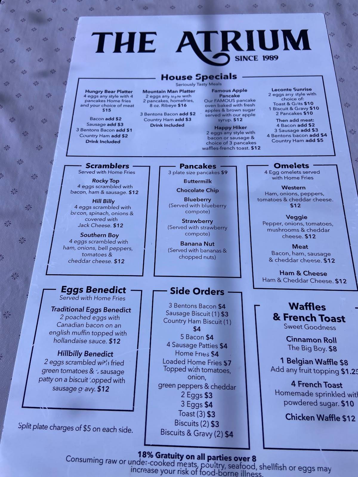 Menu at Atrium Restaurant, Gatlinburg