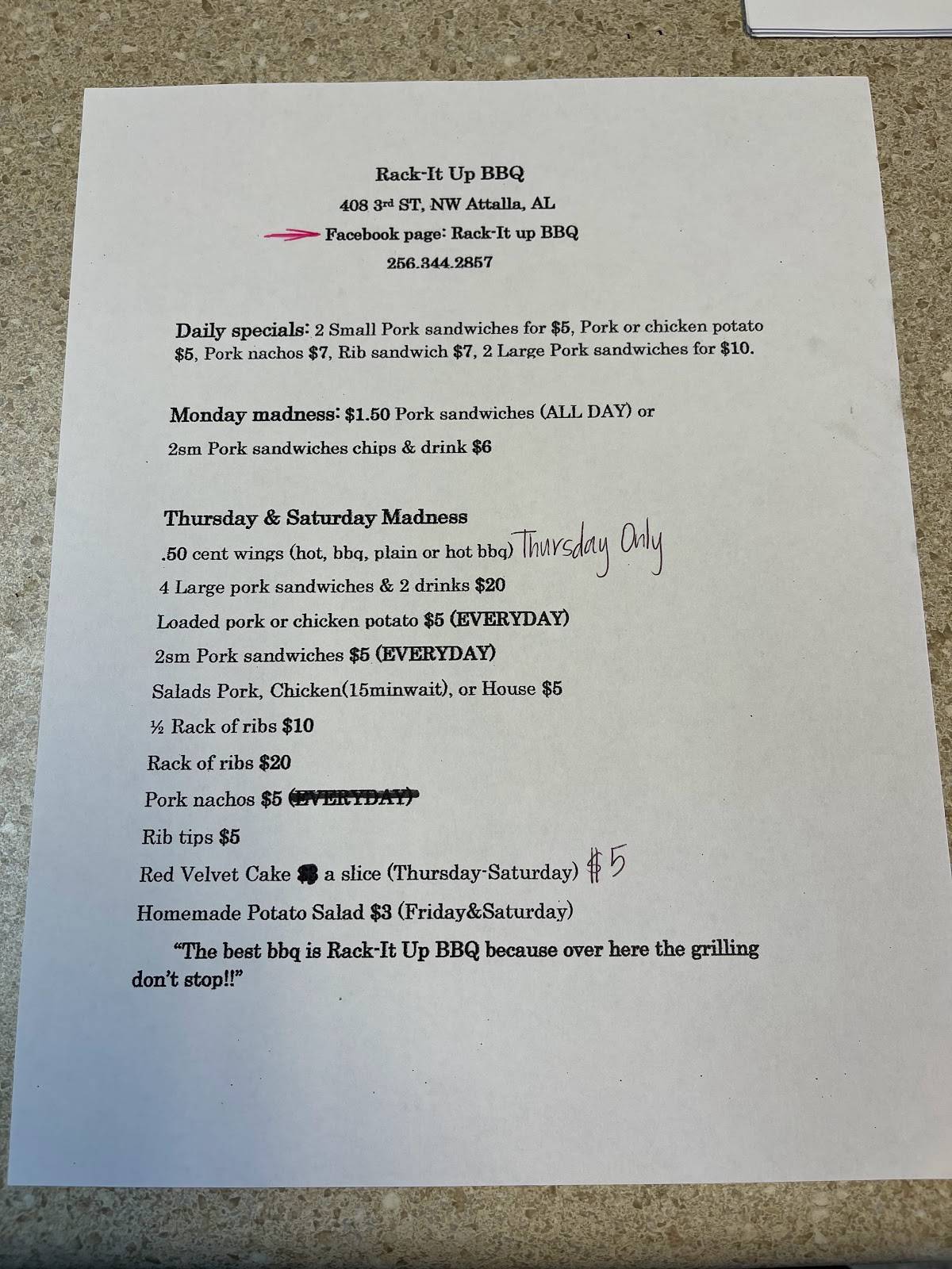 Carta de Rack-It Up BBQ, Attalla