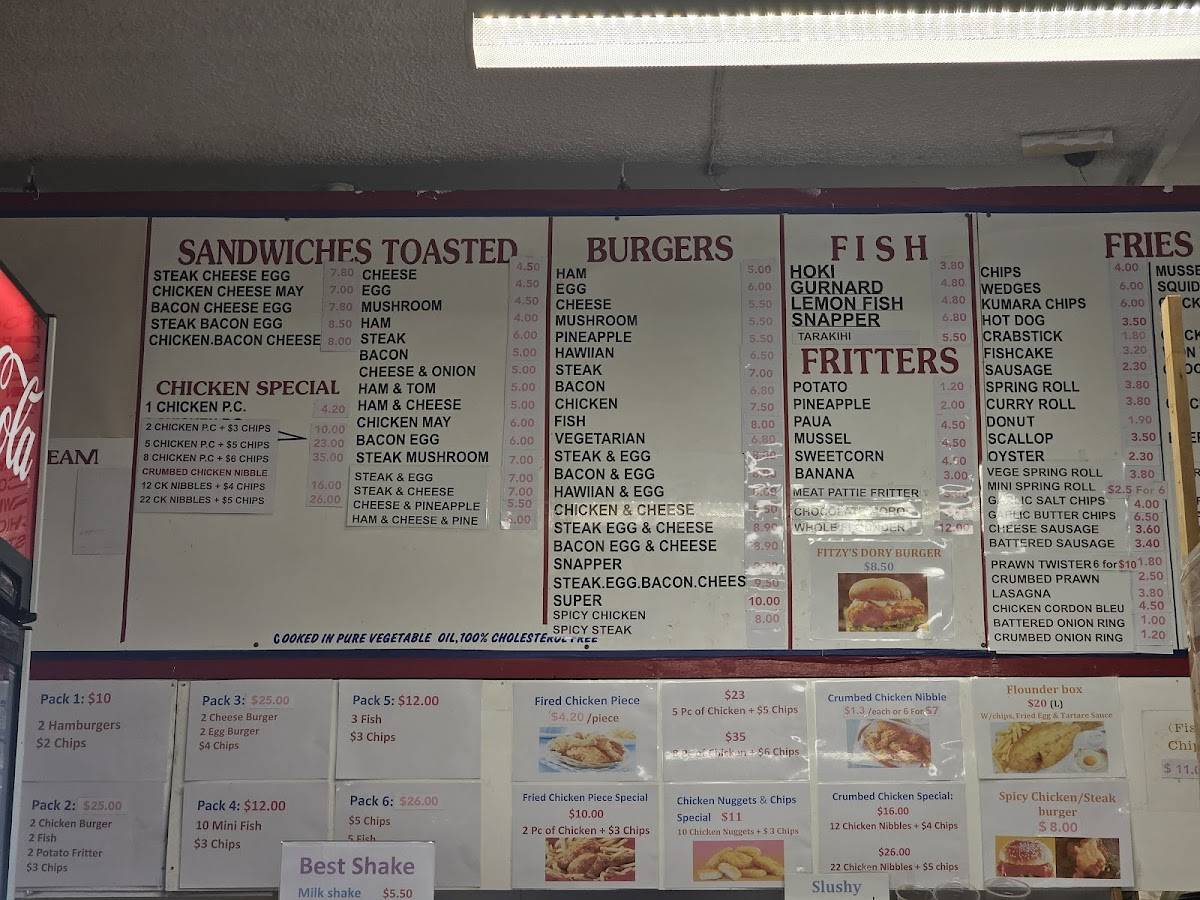 Menu at Fitzy's Fast Food, Waiuku