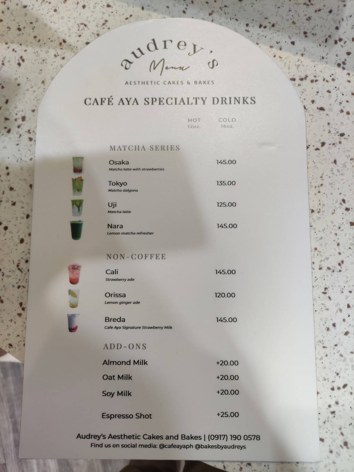 Menu at Audrey’s Aesthetic Cakes and Bakes cafe, Biñan
