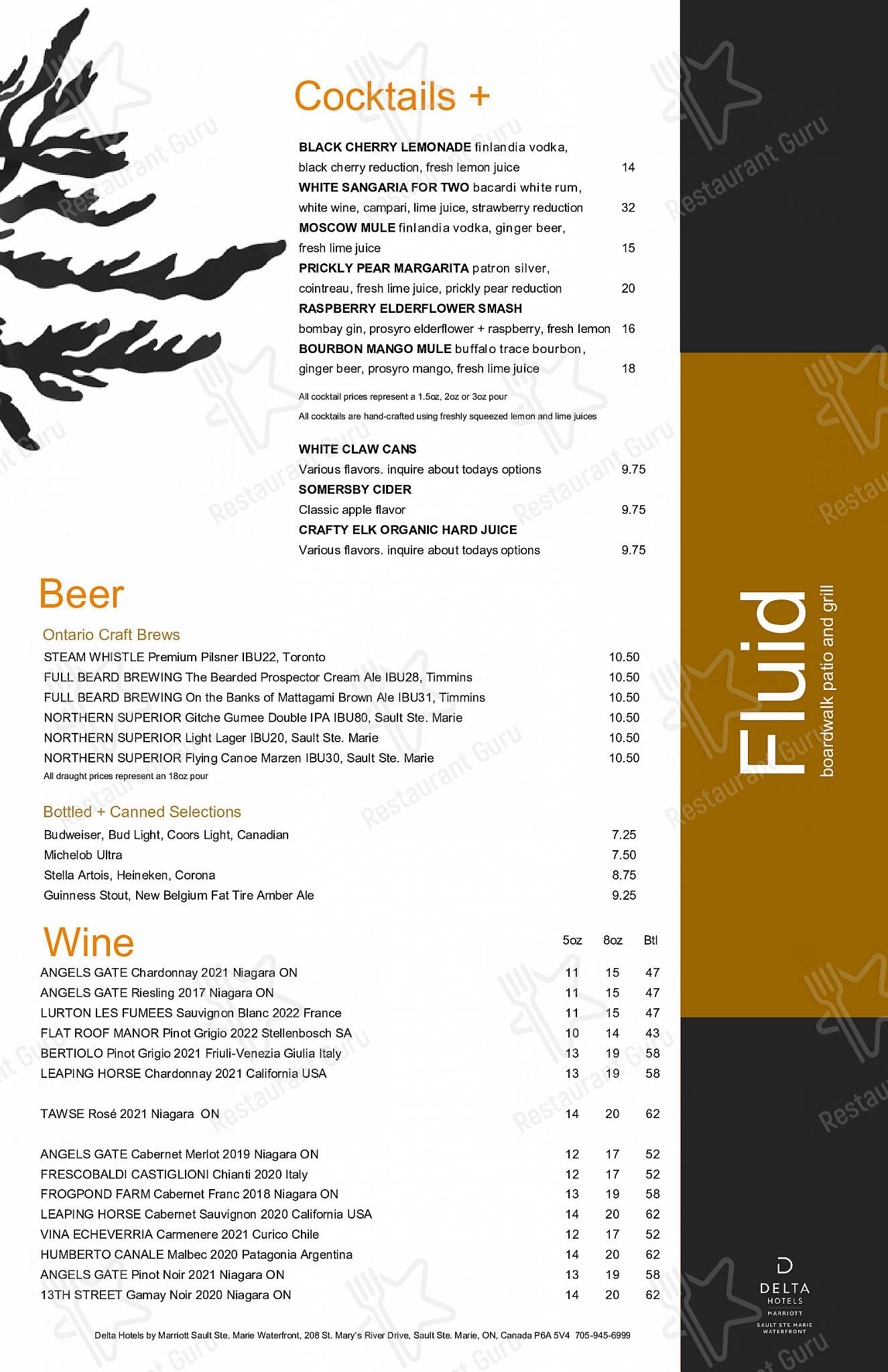 Menu at Fluid Boardwalk Patio and Grill pub & bar, Sault Ste. Marie ...