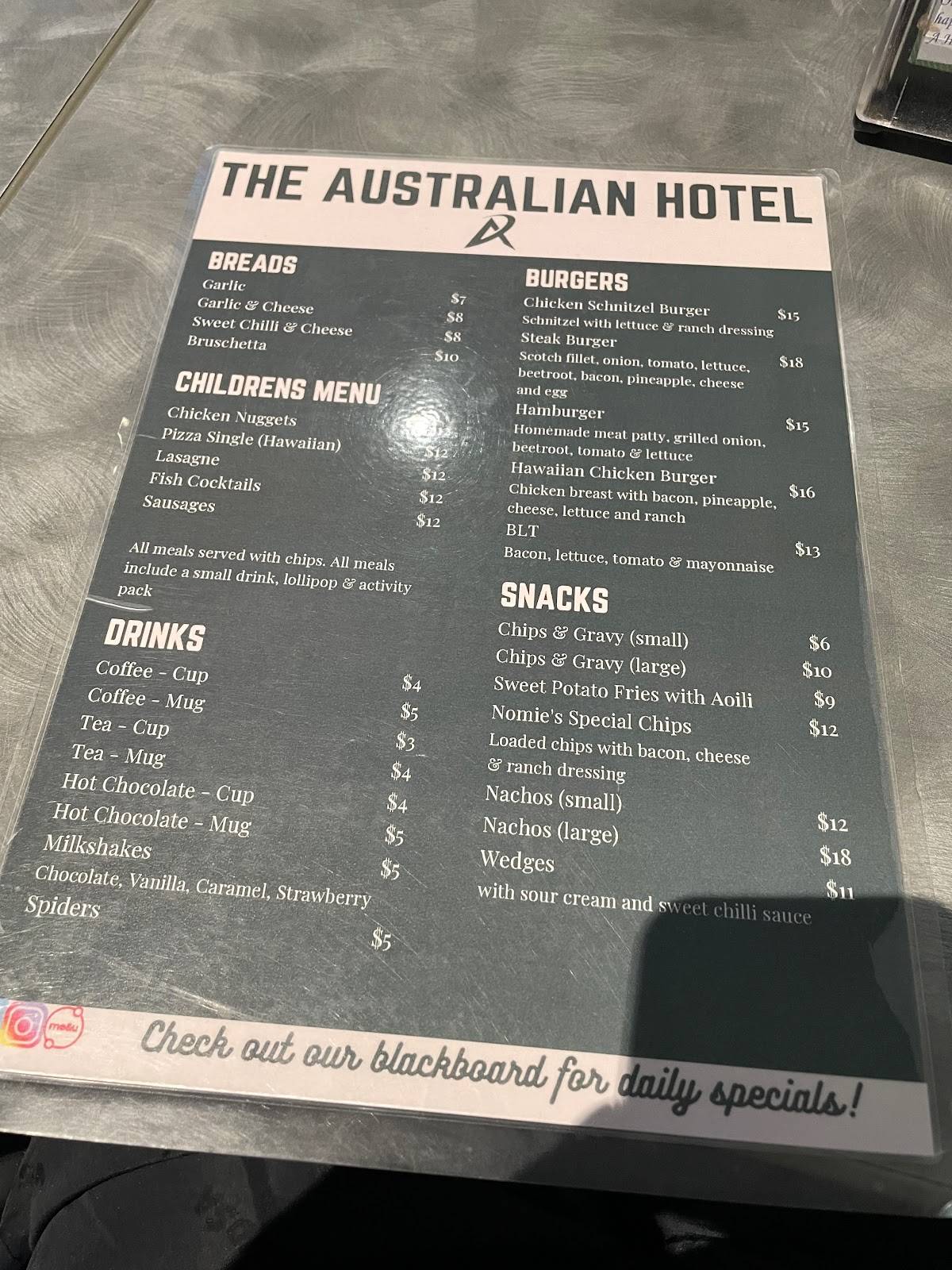 Menu at Australian Hotel Young pub & bar, Young