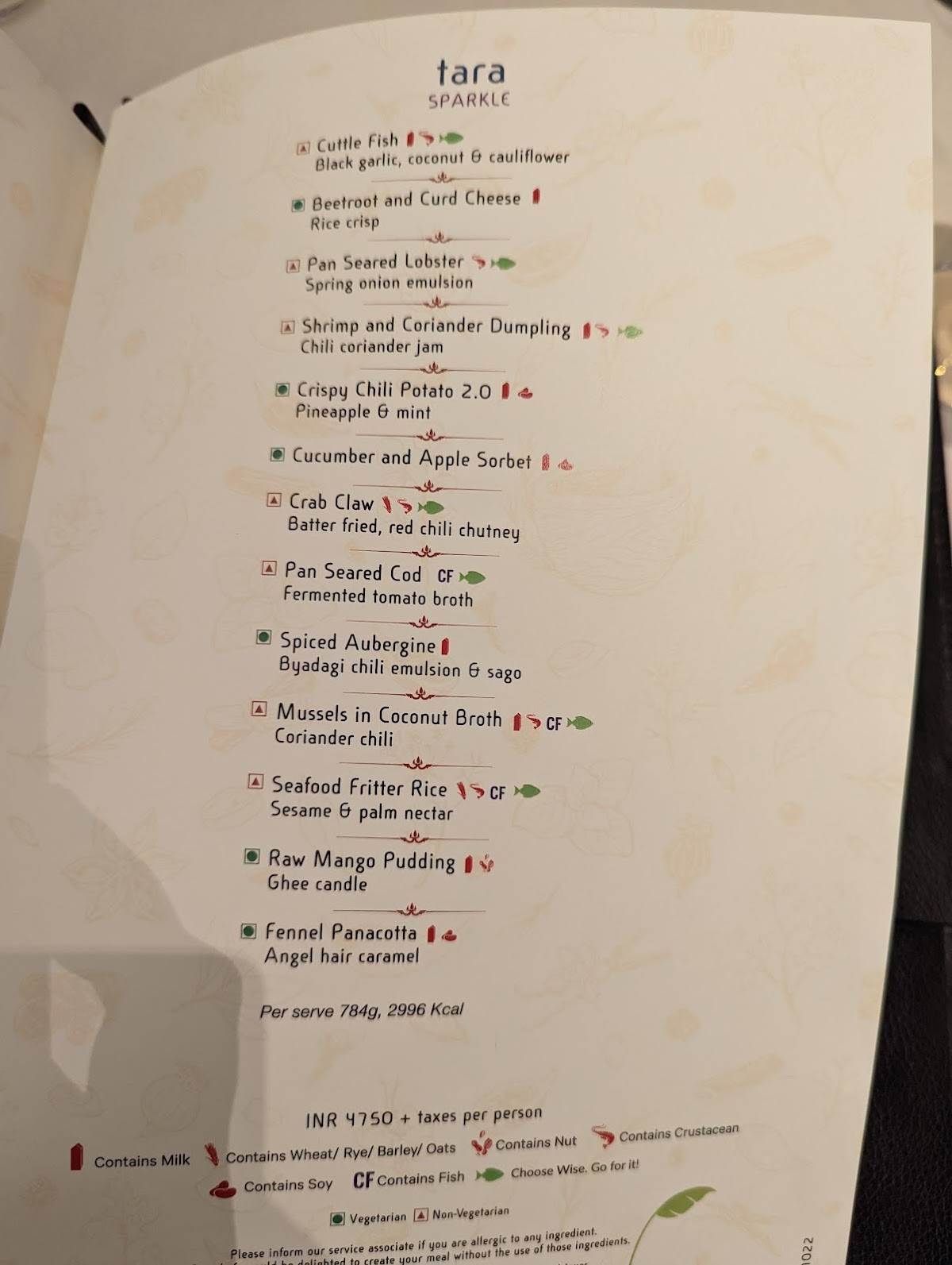 Menu at Avartana, Chennai