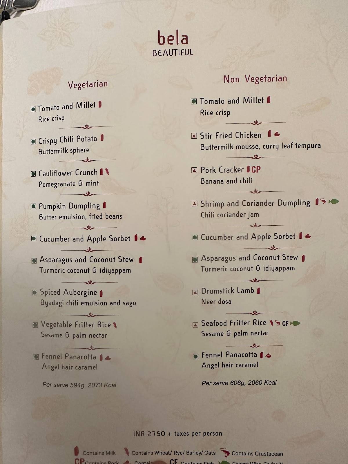 Menu at Avartana, Chennai