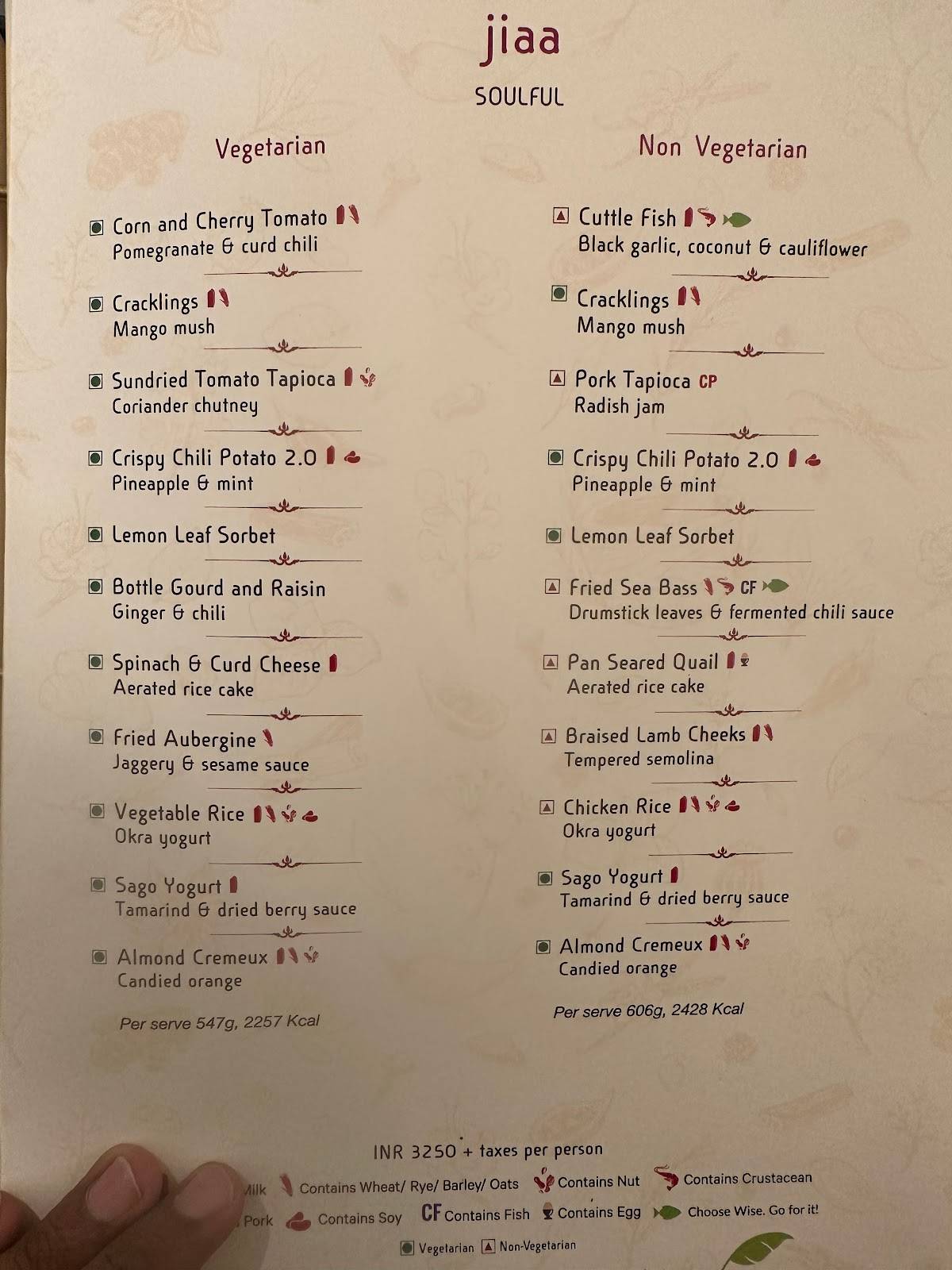Menu at Avartana, Chennai