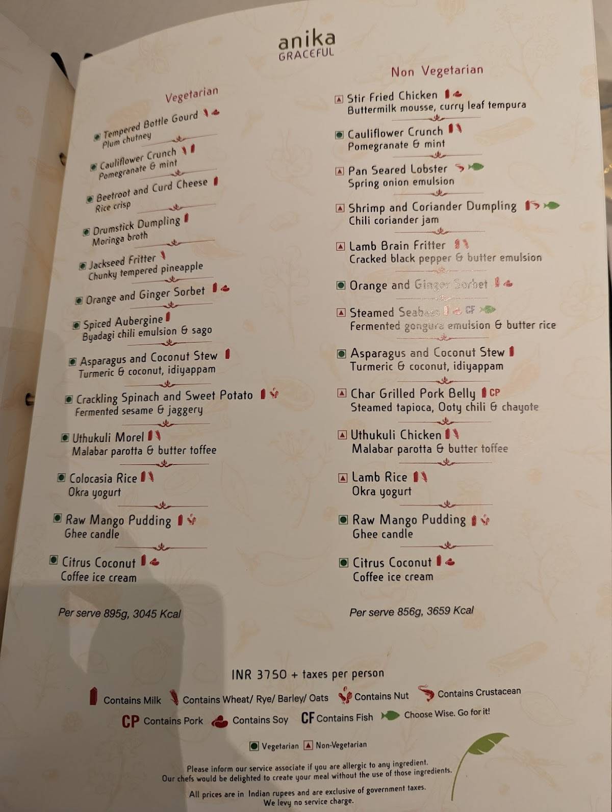 Menu at Avartana, Chennai