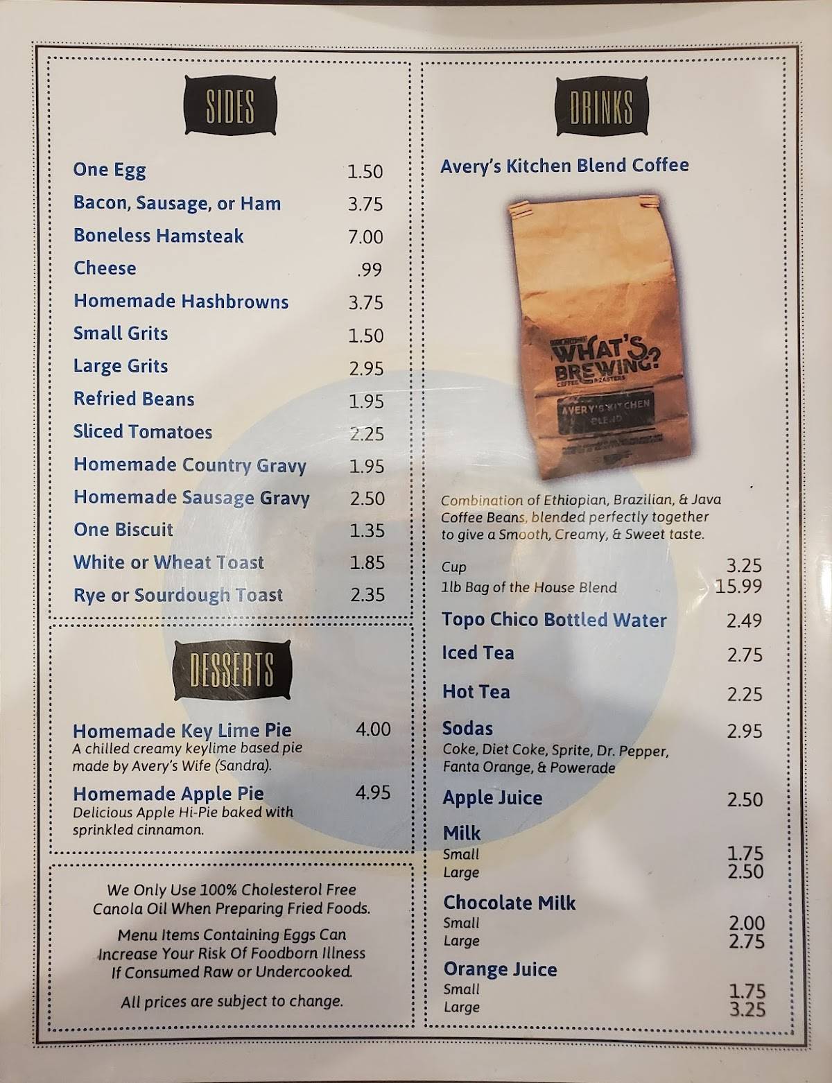 Menu at Avery's Kitchen restaurant, New Braunfels