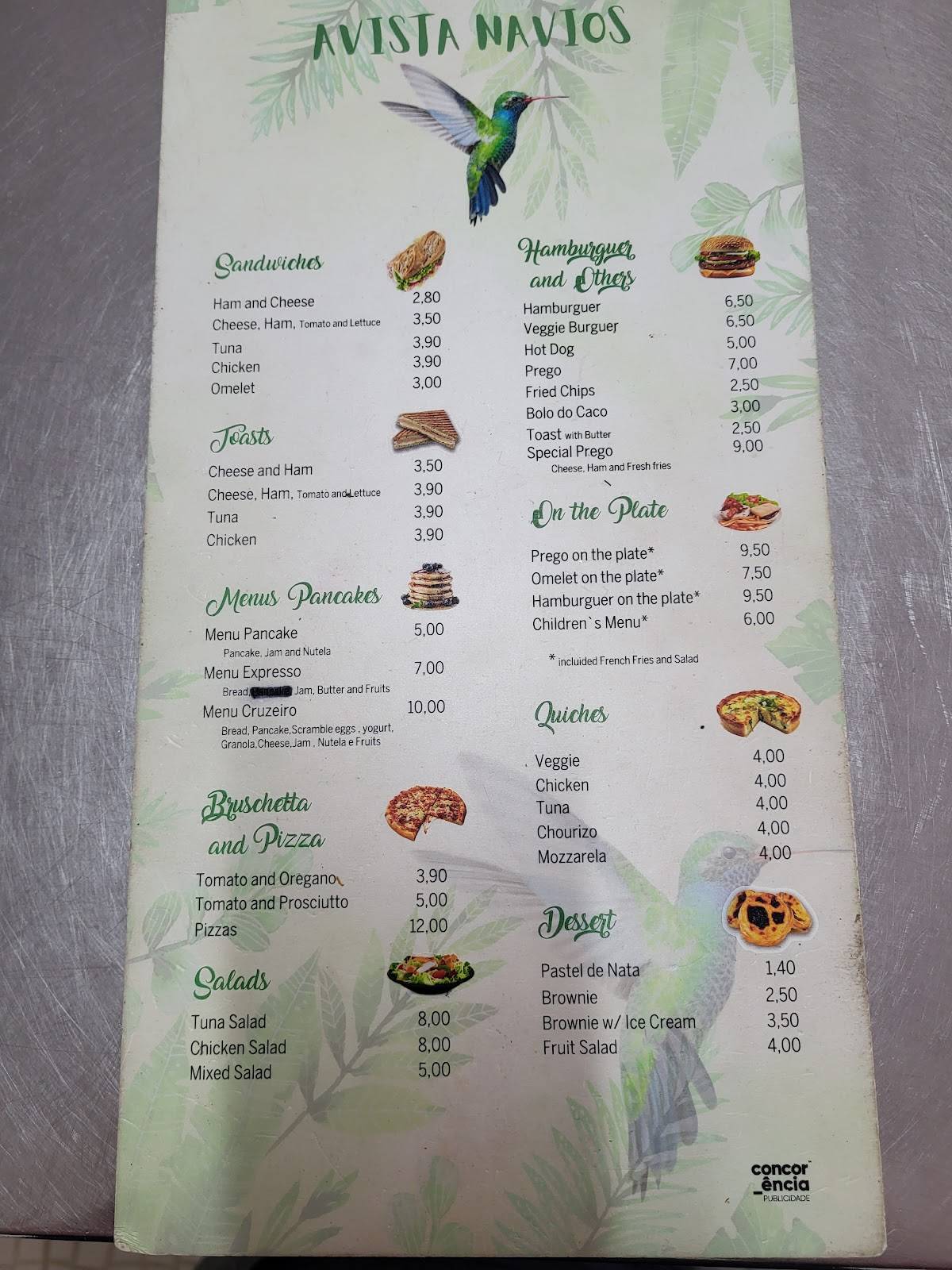 Carta del café Avista Navios, Seixal