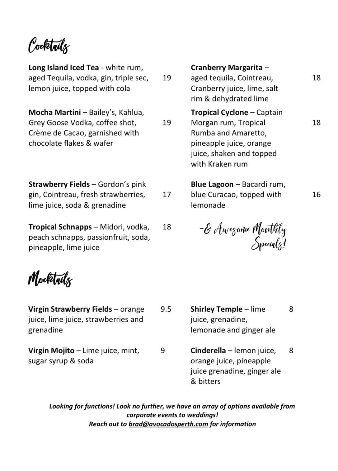 Menu at Avocados Bar & Café, Kelmscott