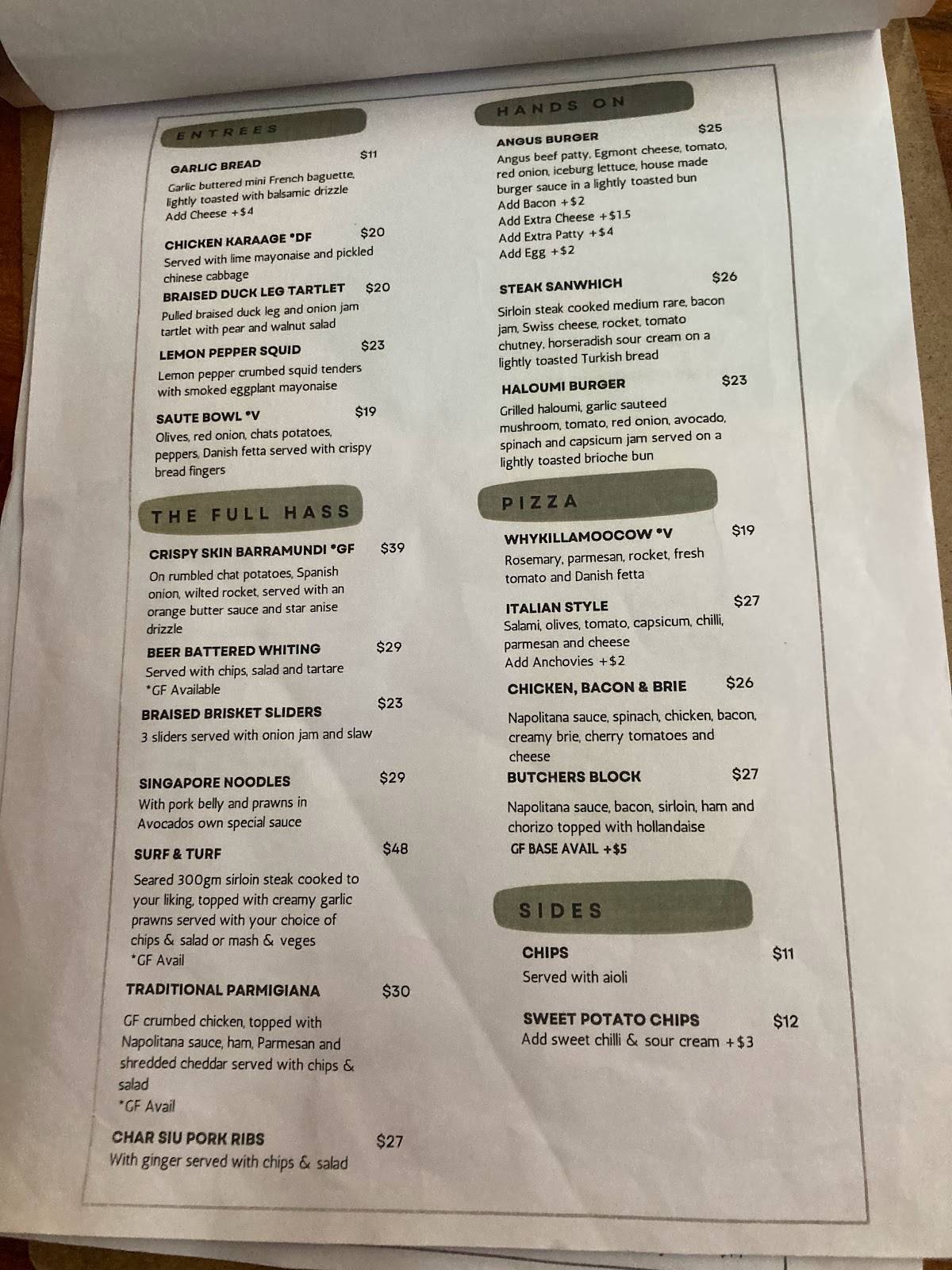 Menu at Avocados Bar & Café, Kelmscott