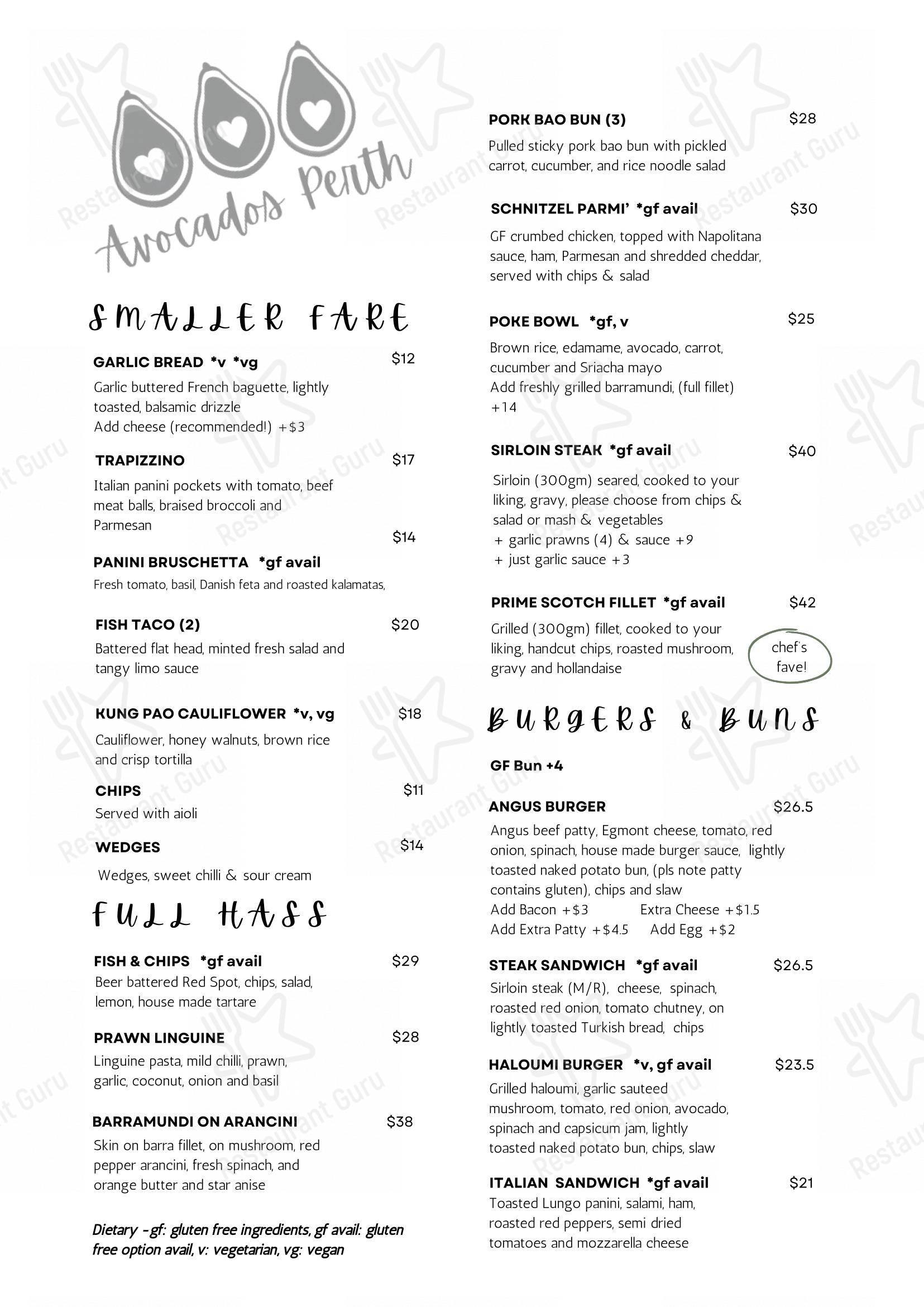 Menu at Avocados Bar & Café, Kelmscott