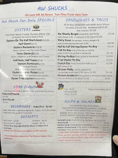 Menu at Aw Shucks restaurant, Montgomery, 4300 Wetumpka Hwy