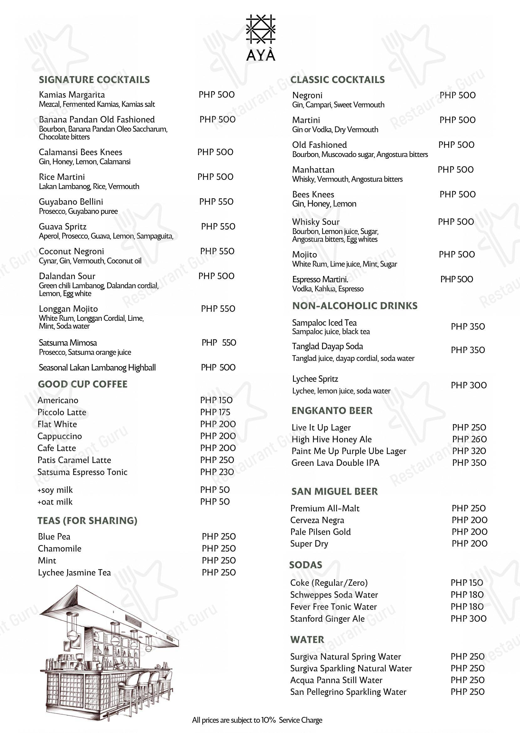 Menu at Ayà restaurant, Makati