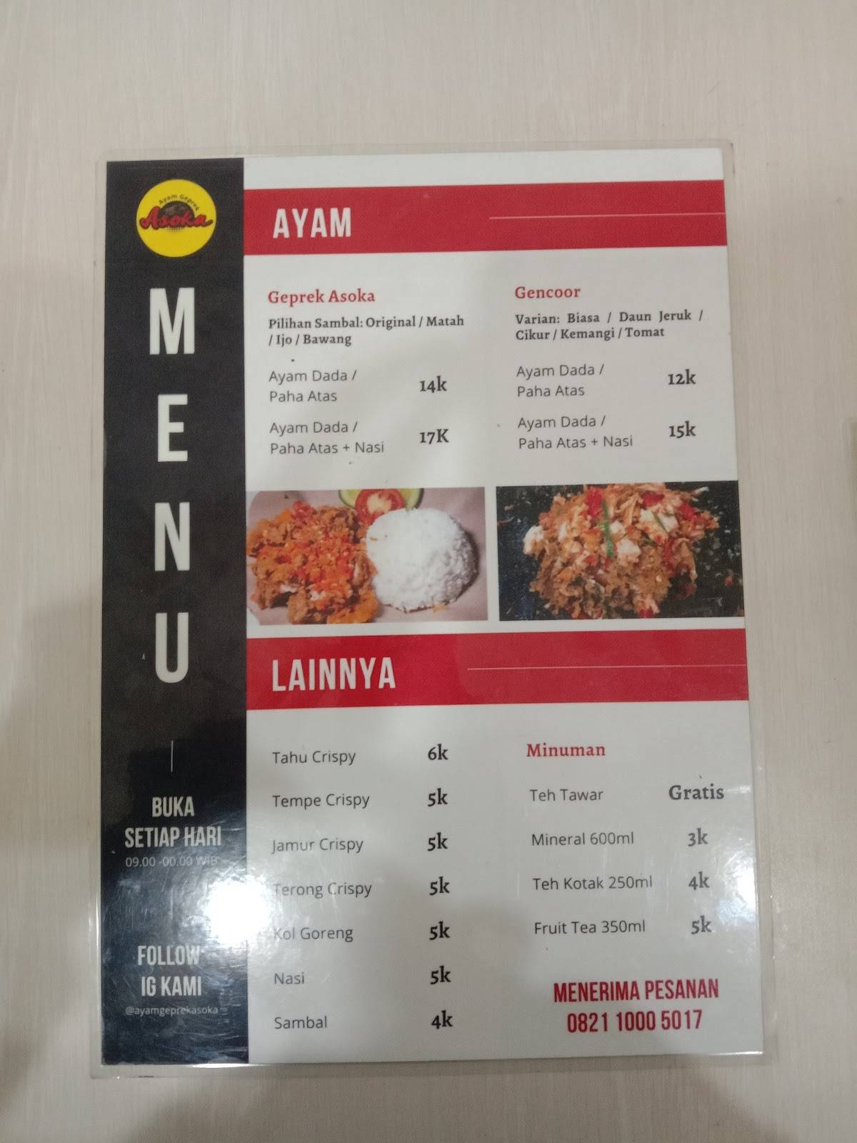 Carta del restaurante Ayam Geprek Asoka, Sarijadi, Bandung