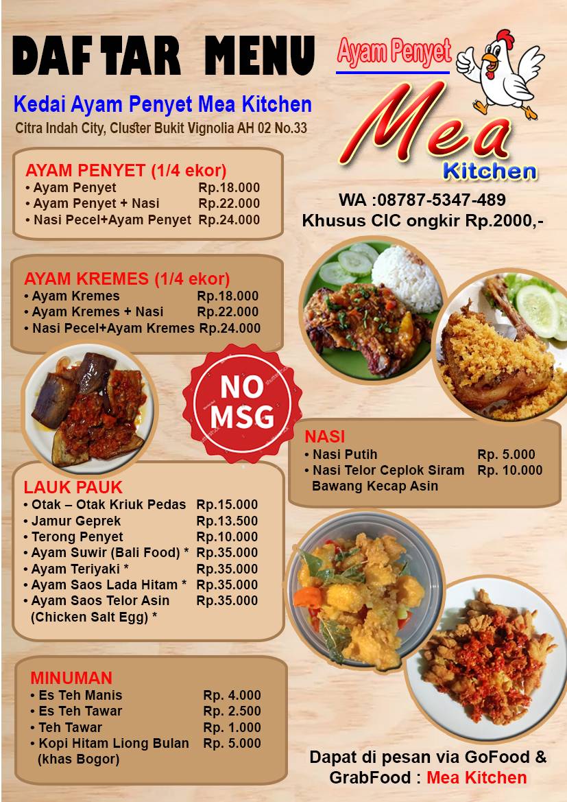 Carta del restaurante Ayam Penyet Mea Kitchen, Sukamaju