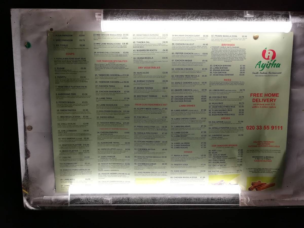 Menu at Ayisha South Indian Restaurant, London