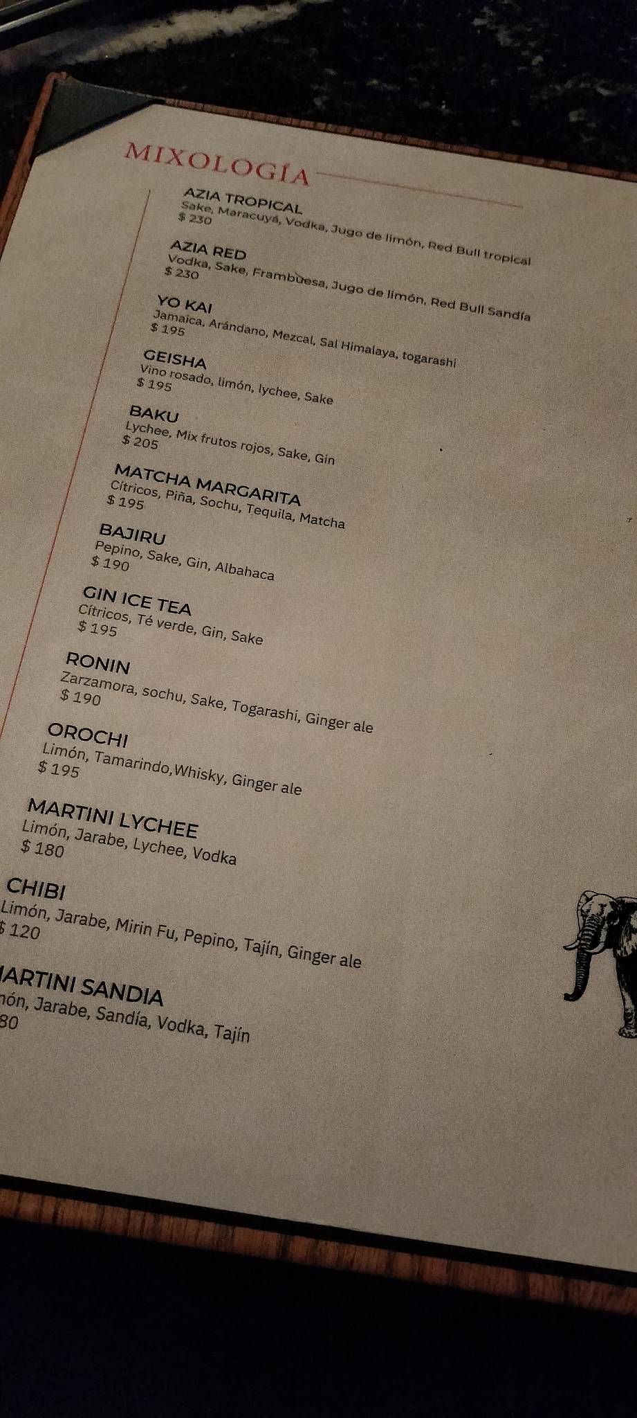 Carta del restaurante Azia Masaryk, Ciudad del México