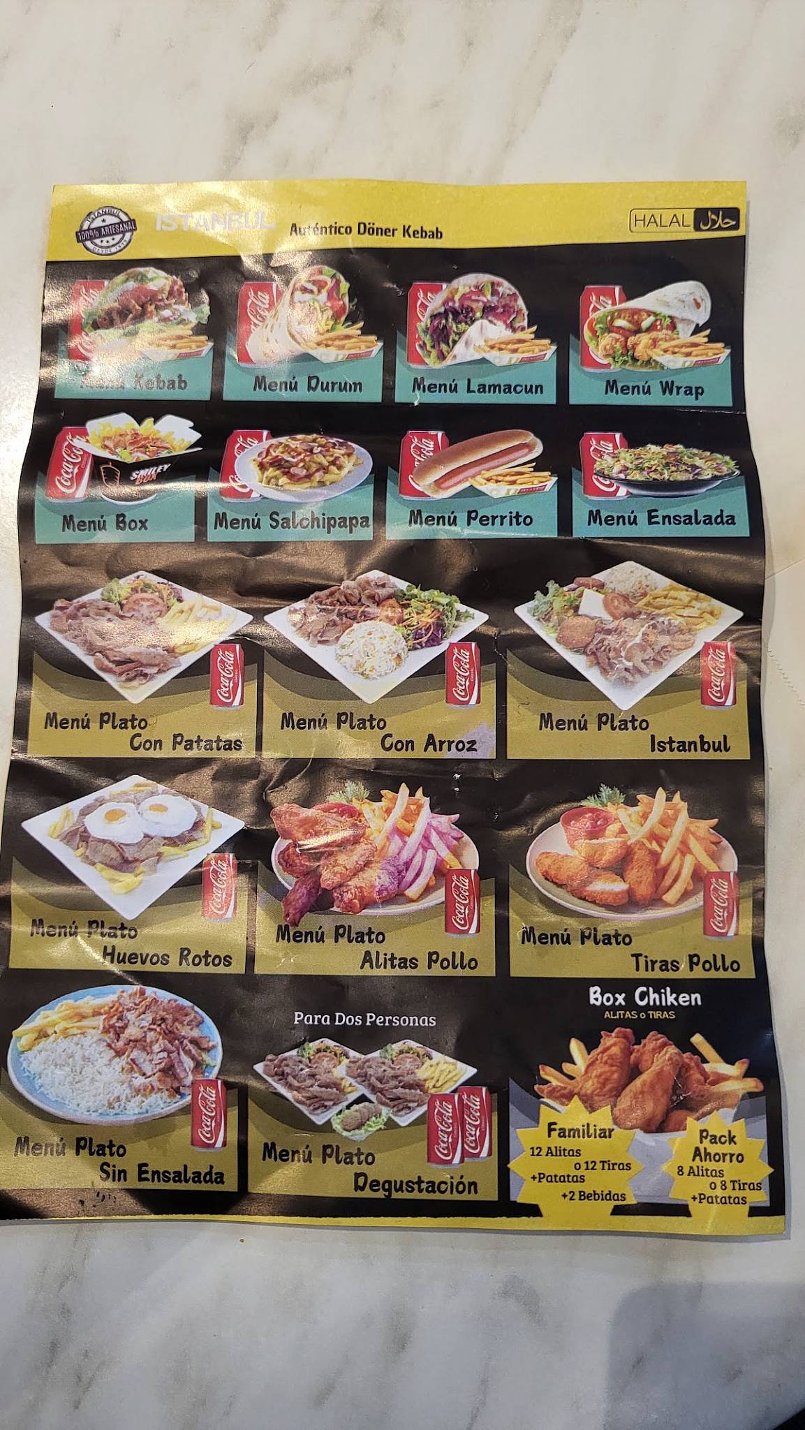 Carta del restaurante Aziz Istanbul Kebab, Madrid, C. del Arrastaria