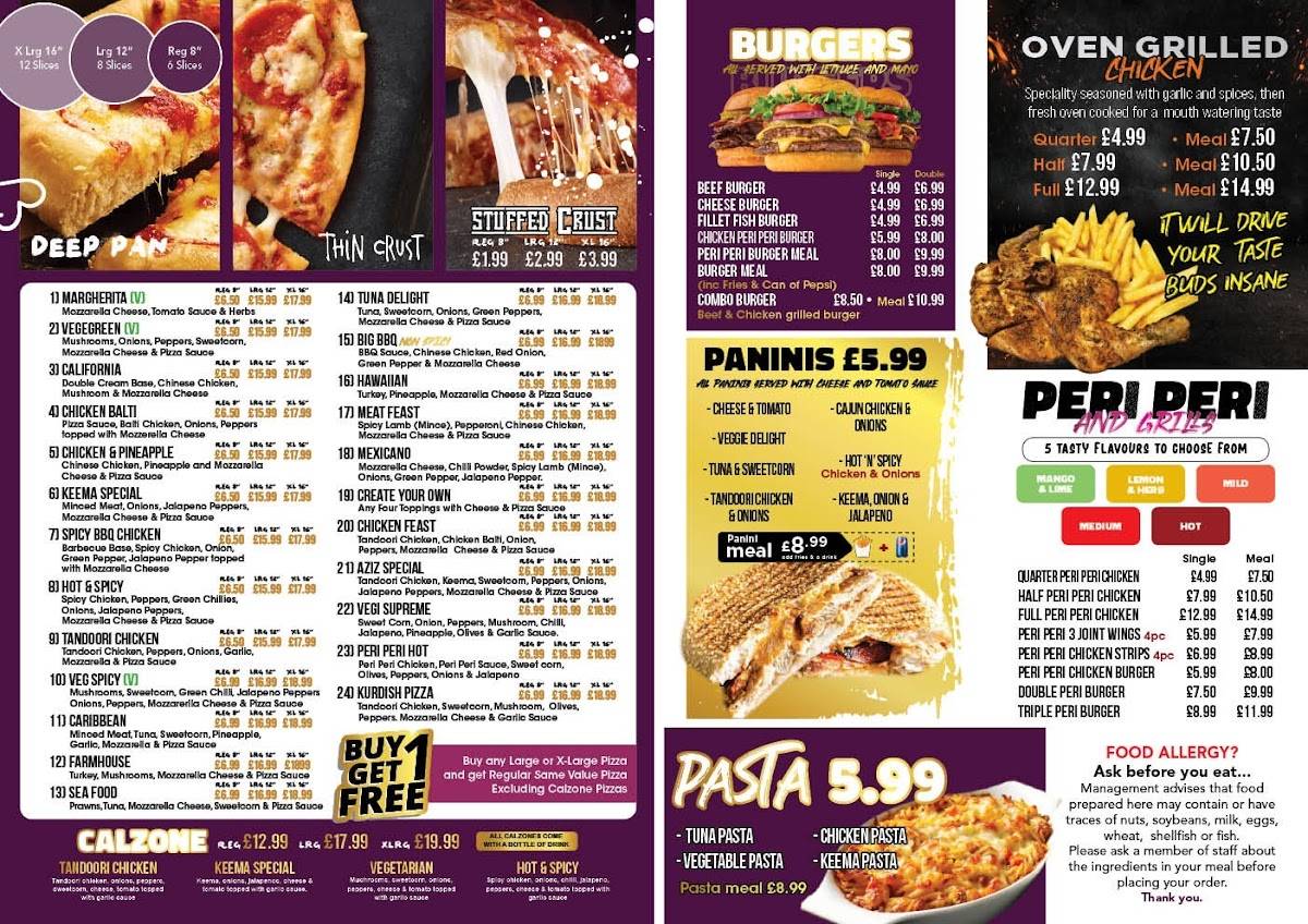 Menu at Aziz Pizza pizzeria, Birmingham, 64 Lozells Rd