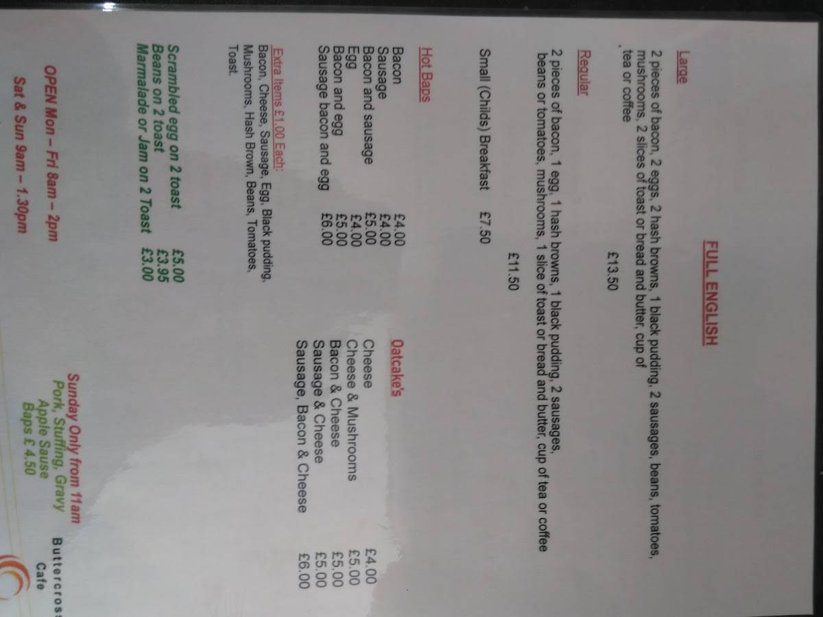 Menu at Buttercross Cafe, Uttoxeter
