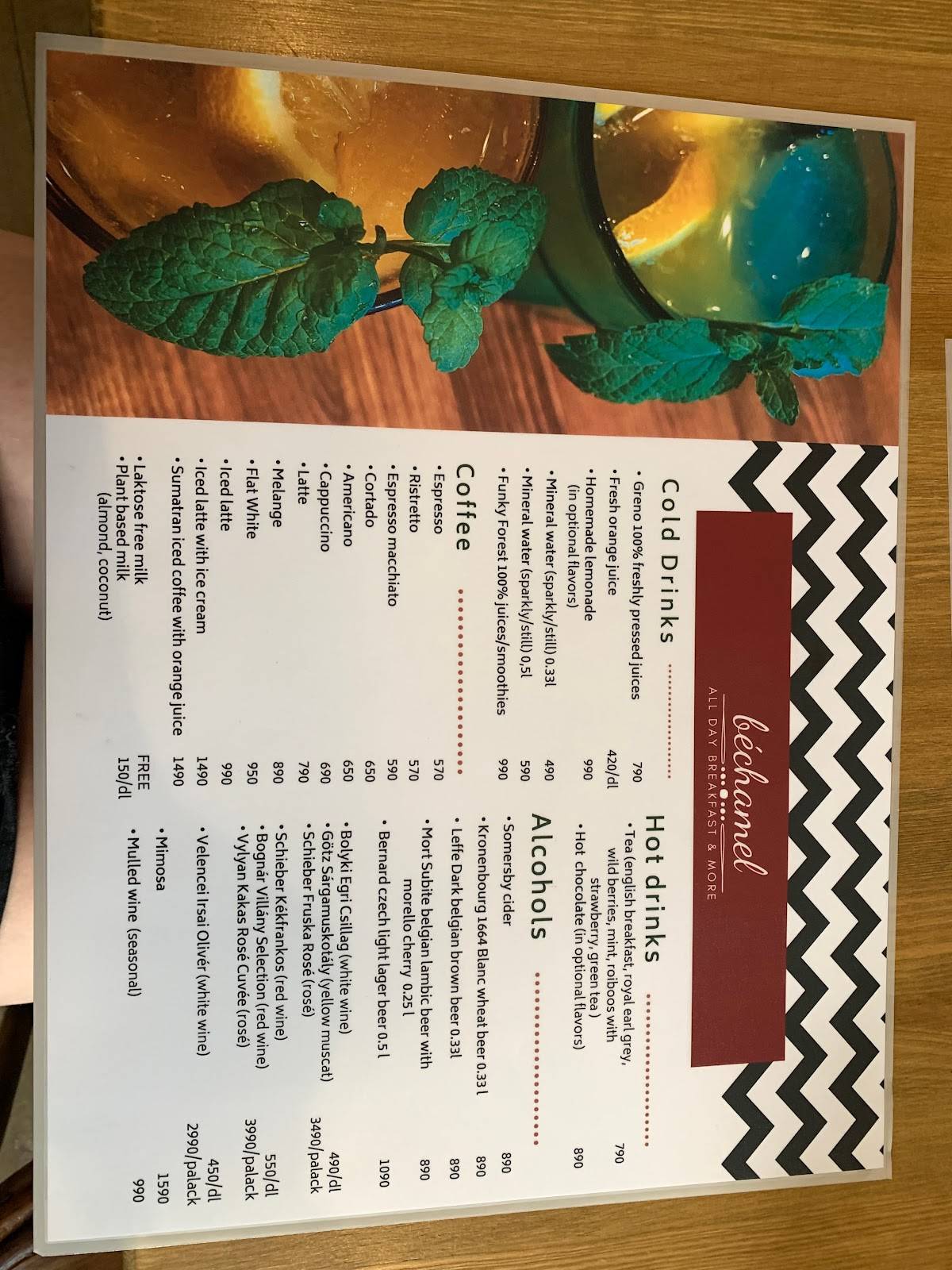 Menu at Béchamel restaurant, Budapest, Akácfa u. 36