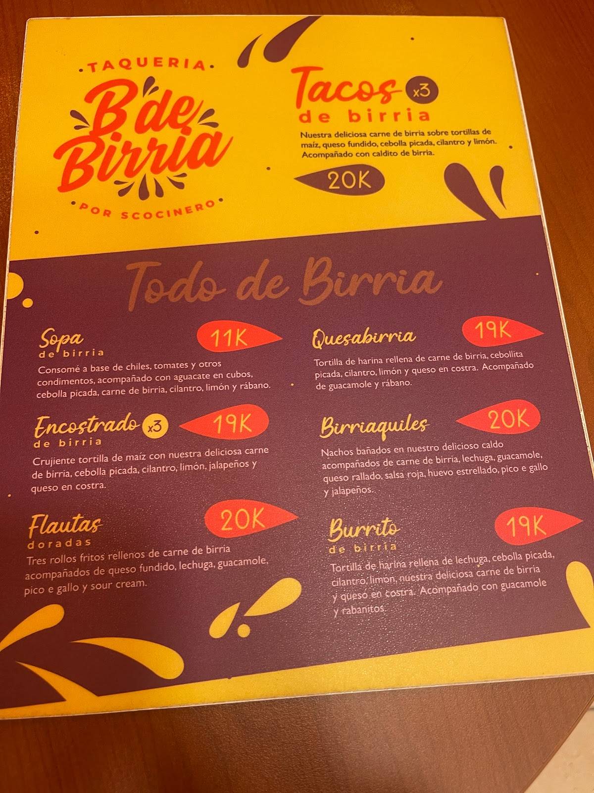 Menu at B de birria restaurant, Bogotá