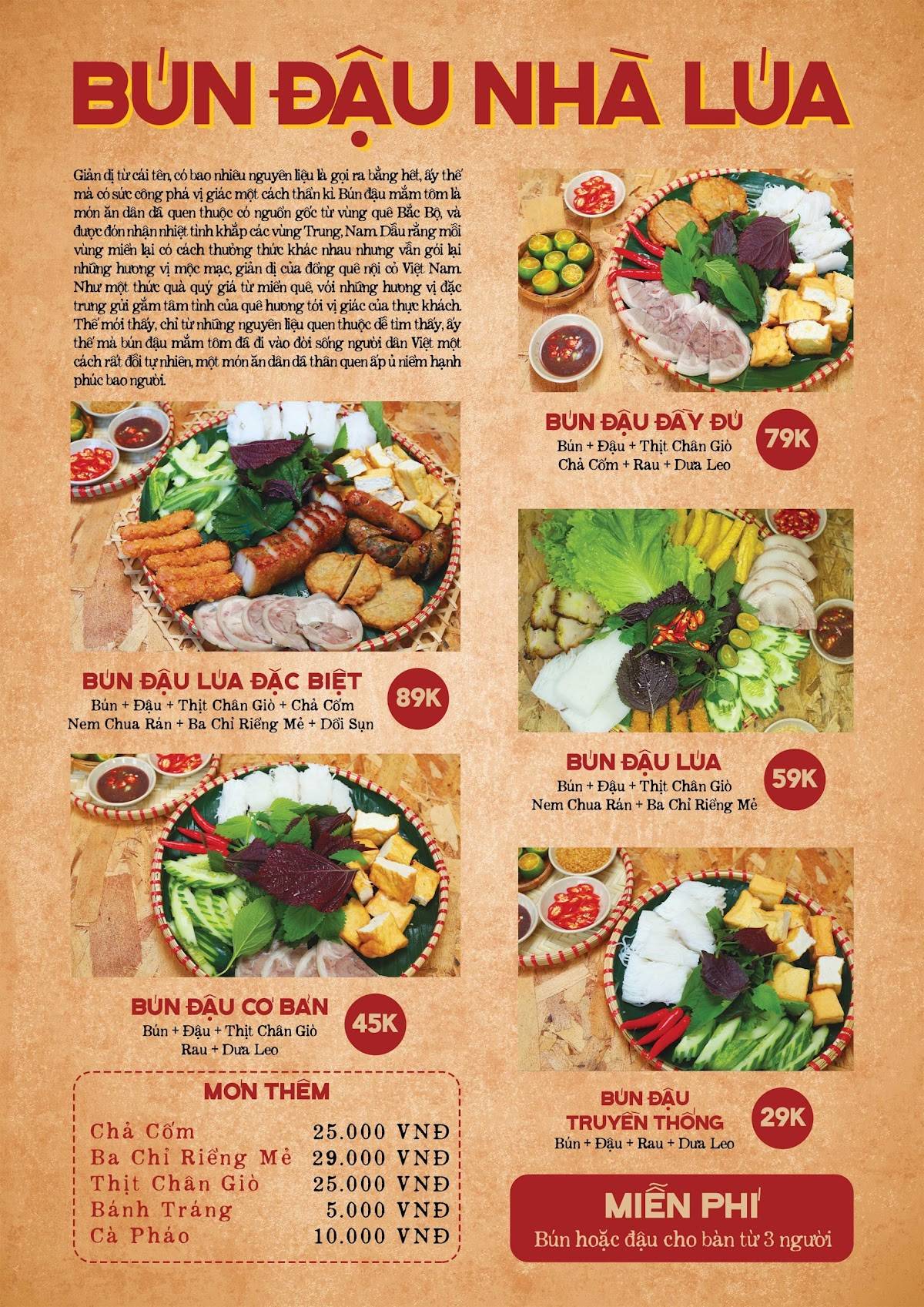 Menu at Bún Đậu Lúa restaurant, Dalat