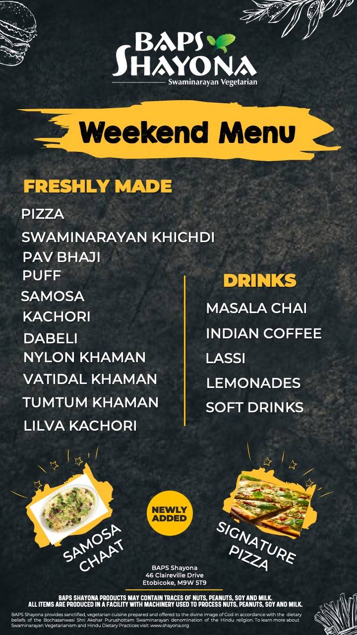Menu at BAPS Shayona restaurant, Toronto, 46 Claireville Dr