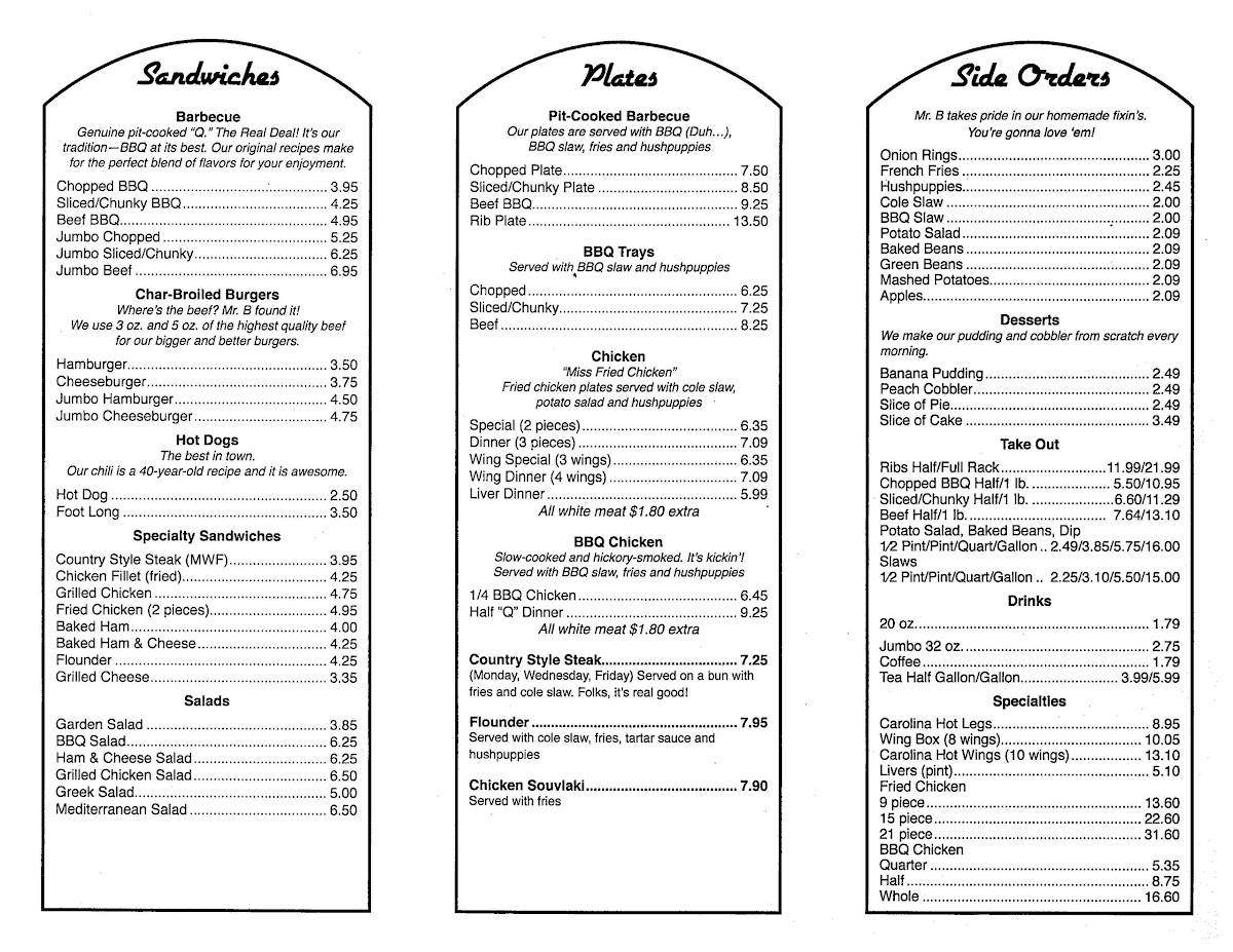 Menu at Mr. Barbecue, Winston-Salem, Peters Creek Pkwy