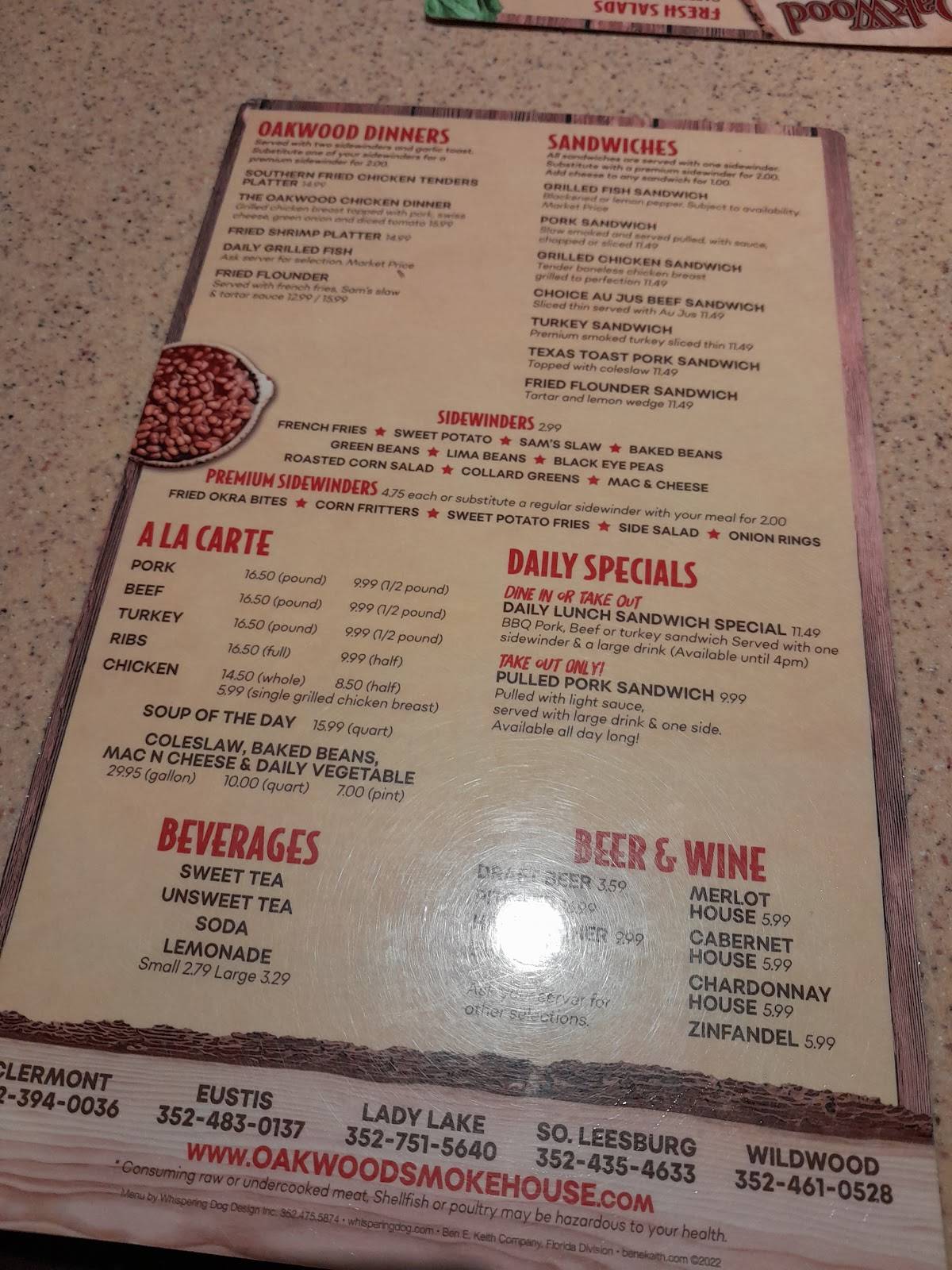 Menu at Oakwood Smokehouse steakhouse, Lady Lake