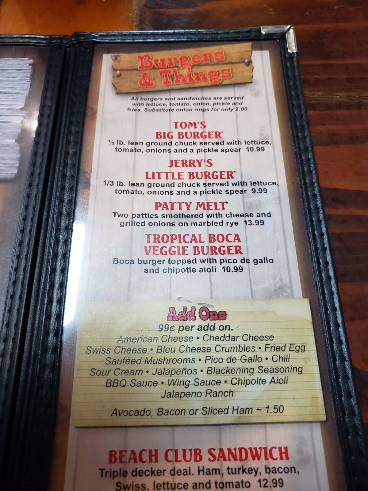Menu at Tom and Jerry's, Bar & Grill, South Padre Island