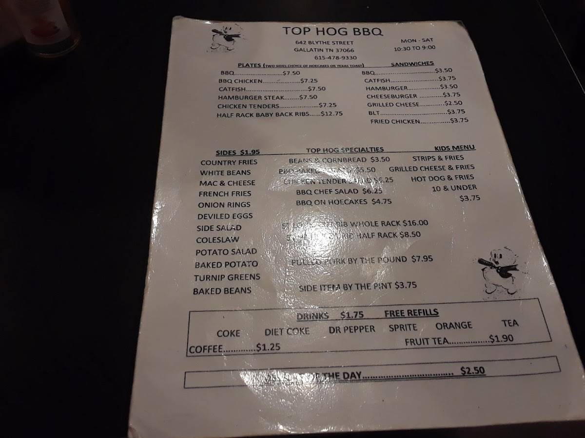Menu at Top Hog BBQ, Gallatin