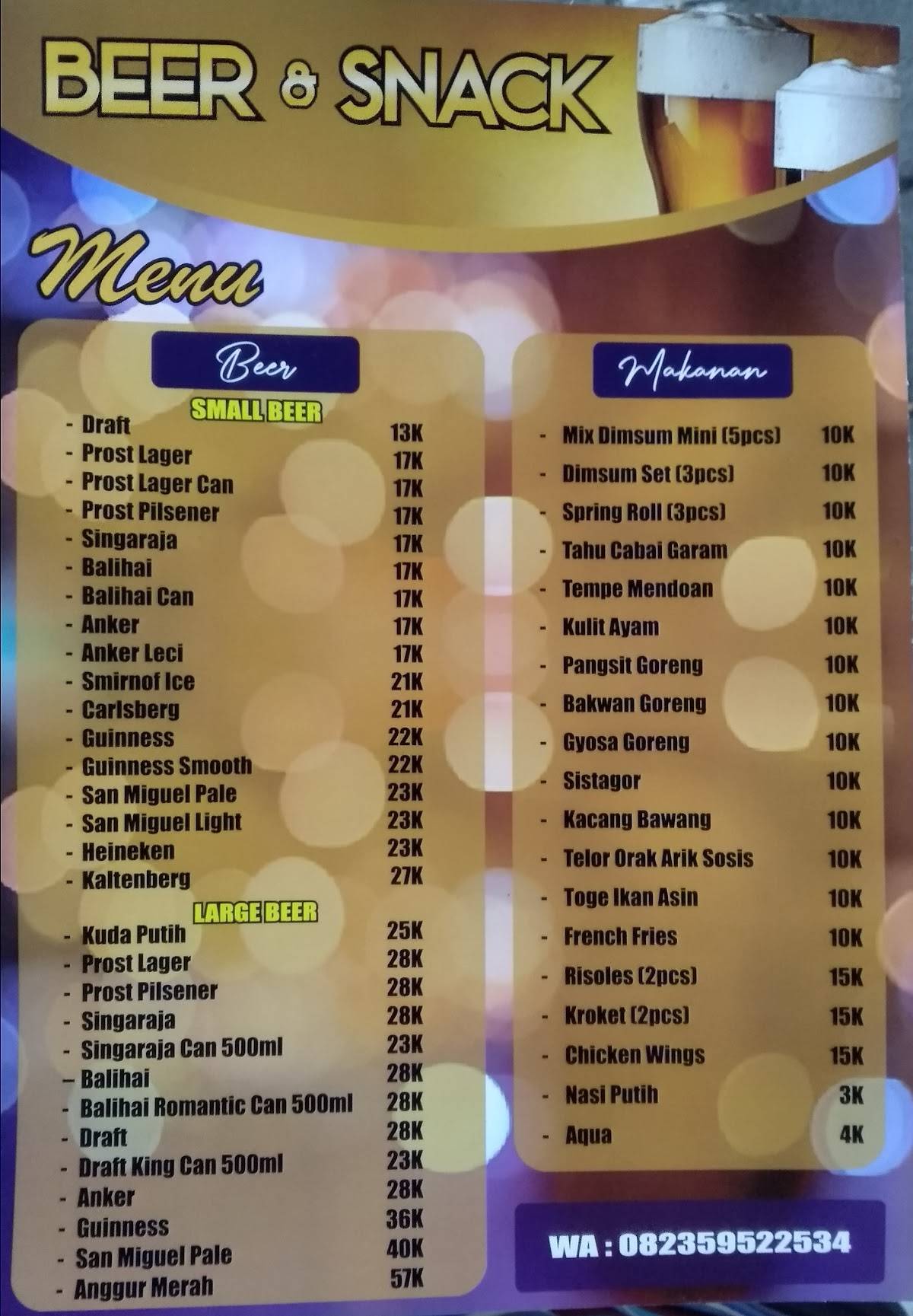 Menu at BEER & SNACK cafe, Denpasar