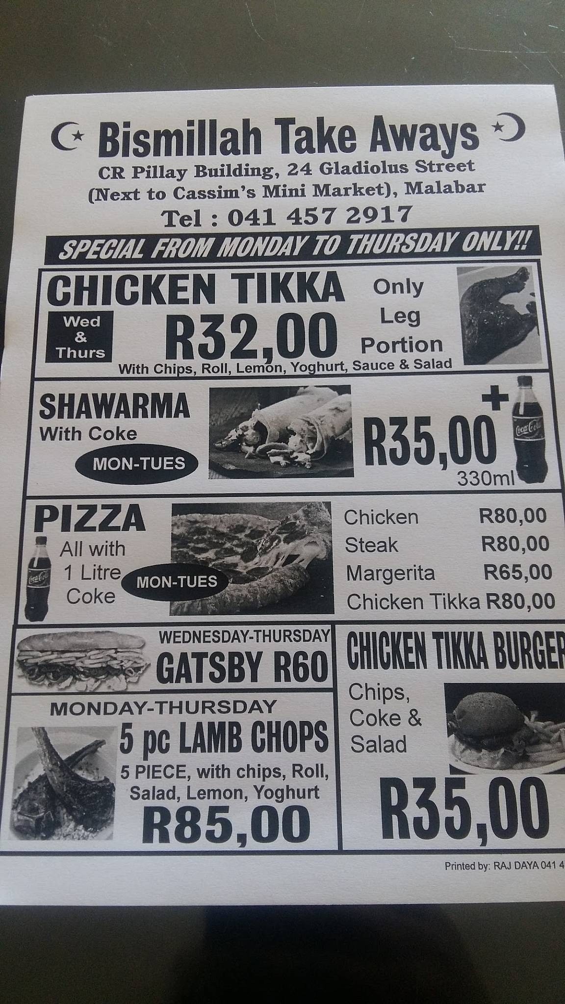 Menu at BISMILLAH TAKE AWAY restaurant, South Africa, 24 Gladiolus St