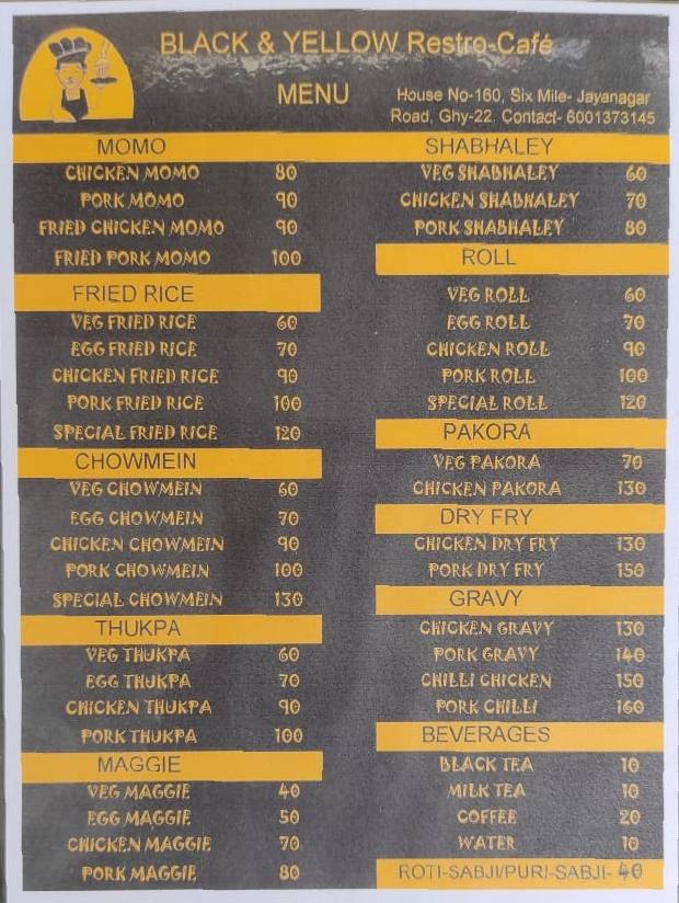 Menu at BLACK & YELLOW Restro-Cafe, Guwahati