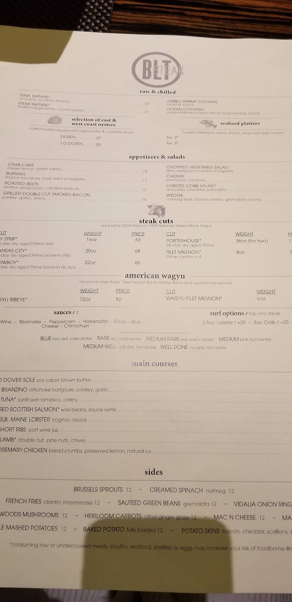 Menu at BLT Steak steakhouse, Las Vegas, 3645 Las Vegas Blvd S