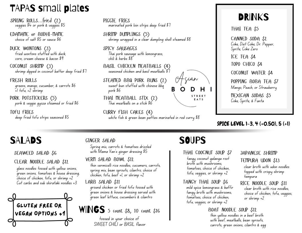 Menu at BODHI Asian Street Eats restaurant, Nashville