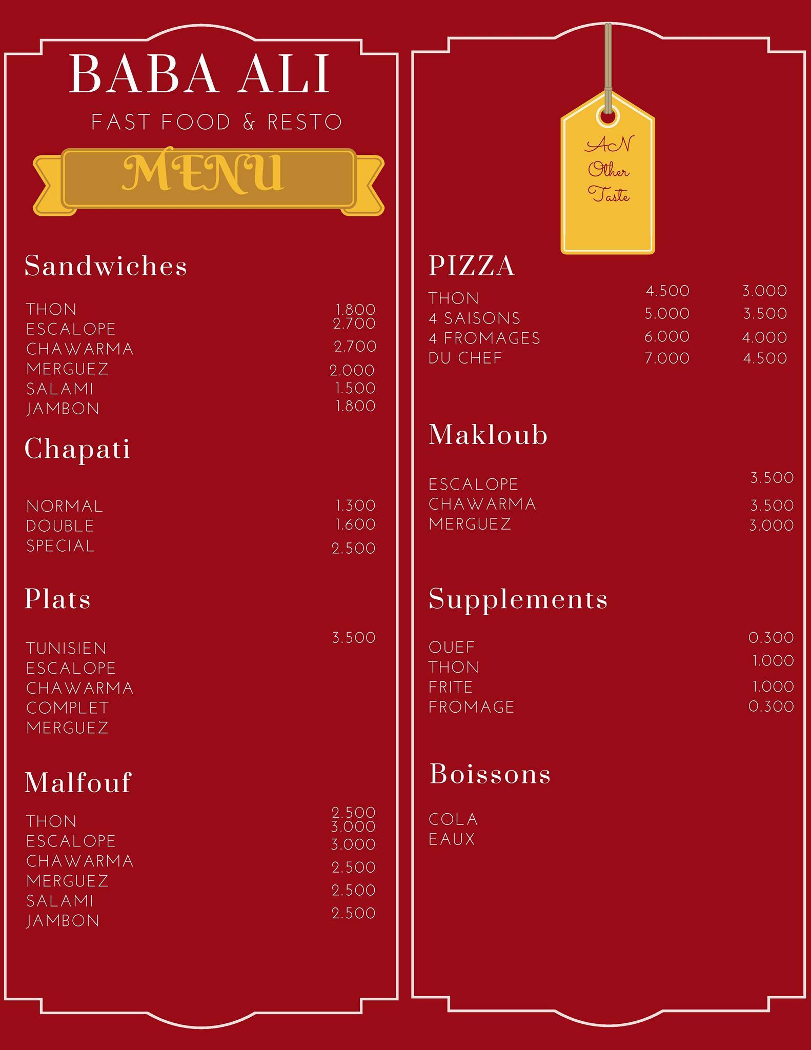 Menu at Restaurant ALI BABA, Sousse
