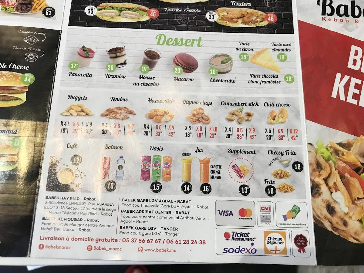 Menu au Babek agdal restaurant, Rabat