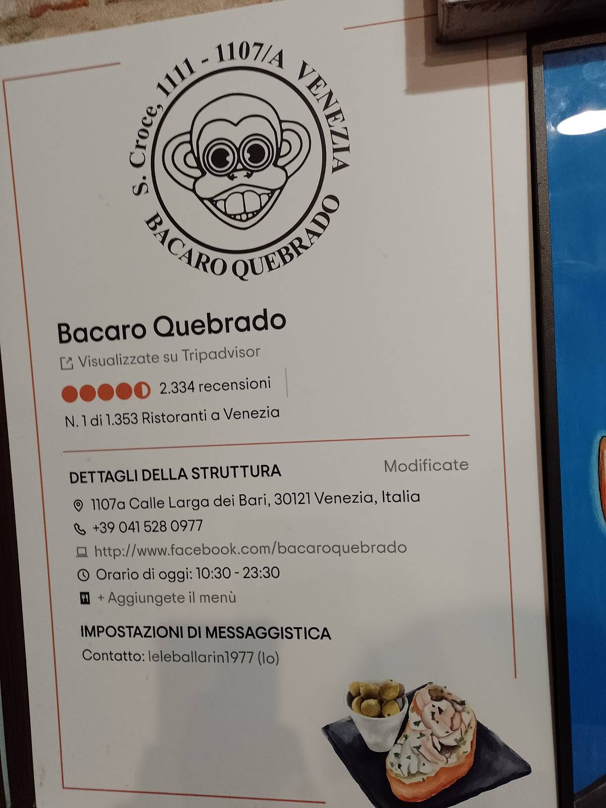 Menu at Bacaro Quebrado pub & bar, Venice