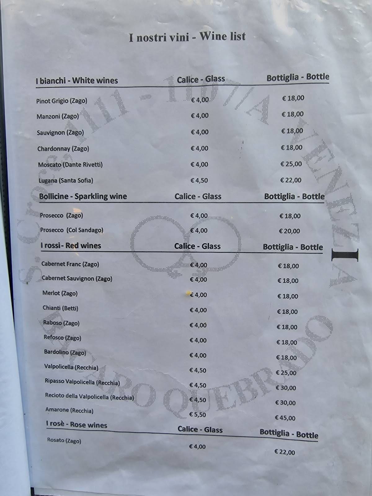 Menu at Bacaro Quebrado pub & bar, Venice