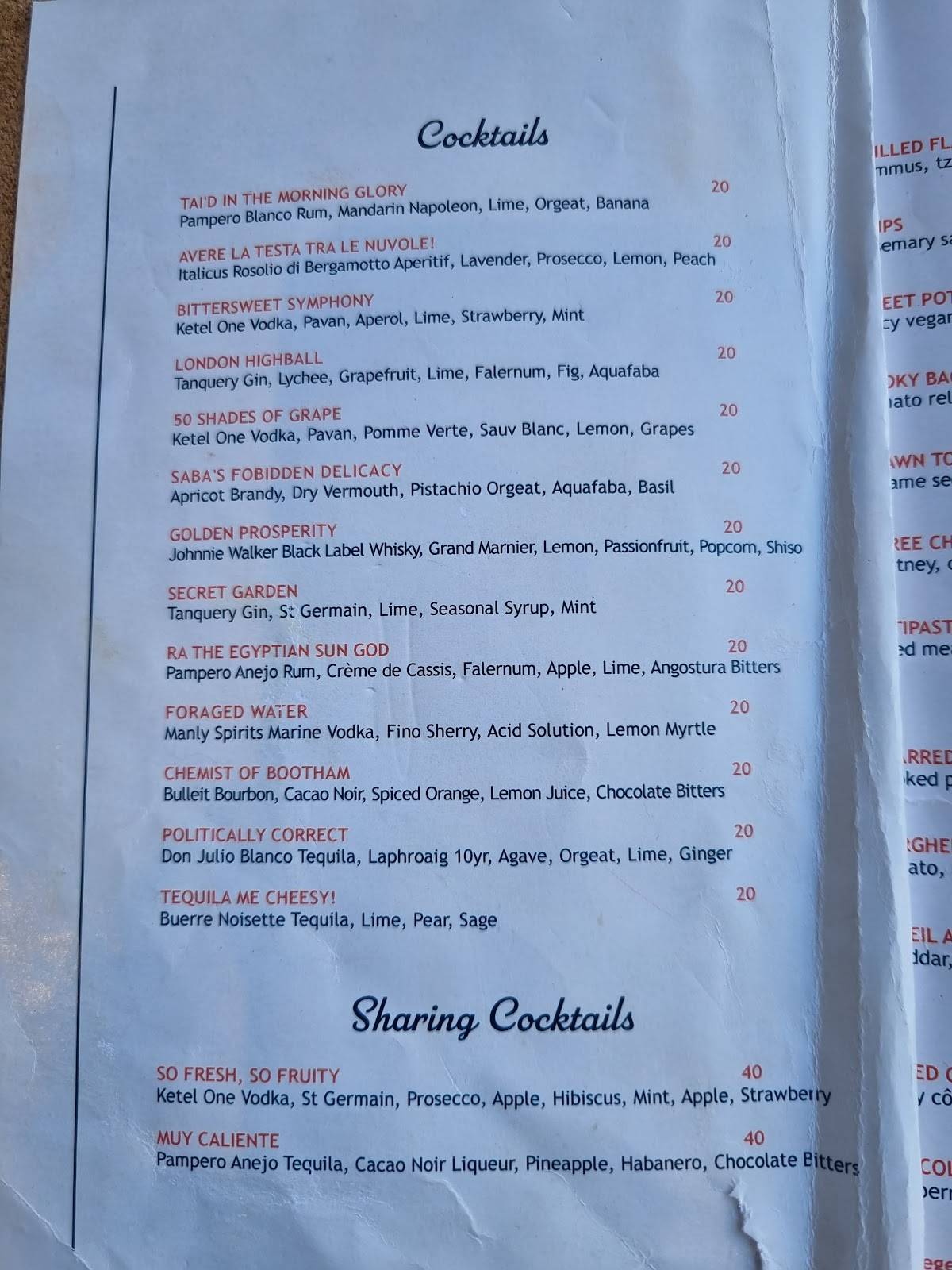 Menu at Bacchus restaurant, South Brisbane, Podium Level