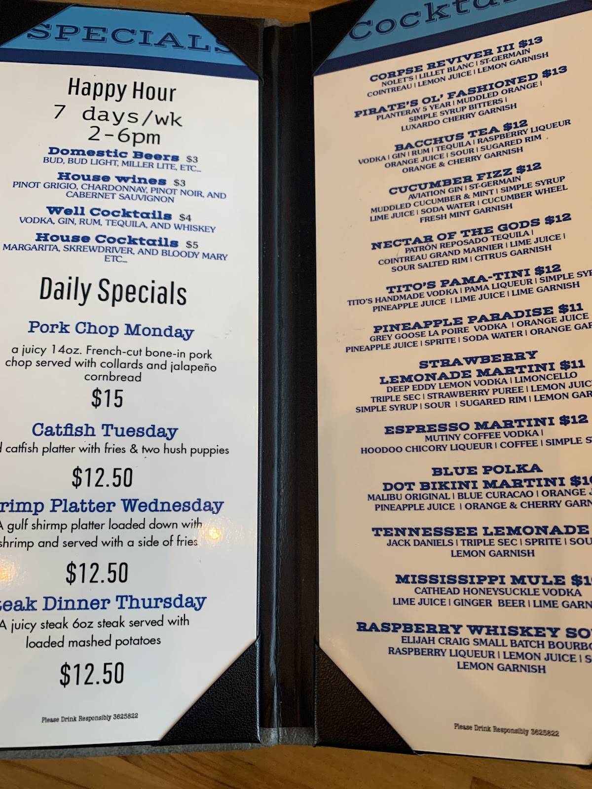 Menu at Bacchus On The Bayou restaurant, Ocean Springs