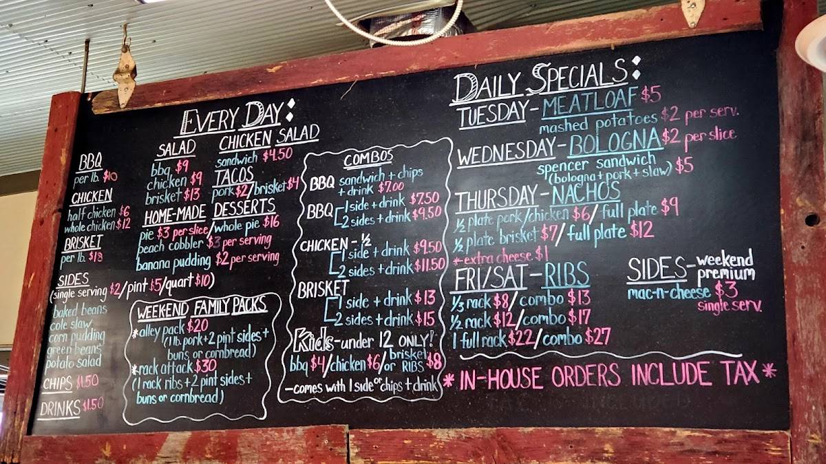 Menu at Back Alley BBQ, Dickson