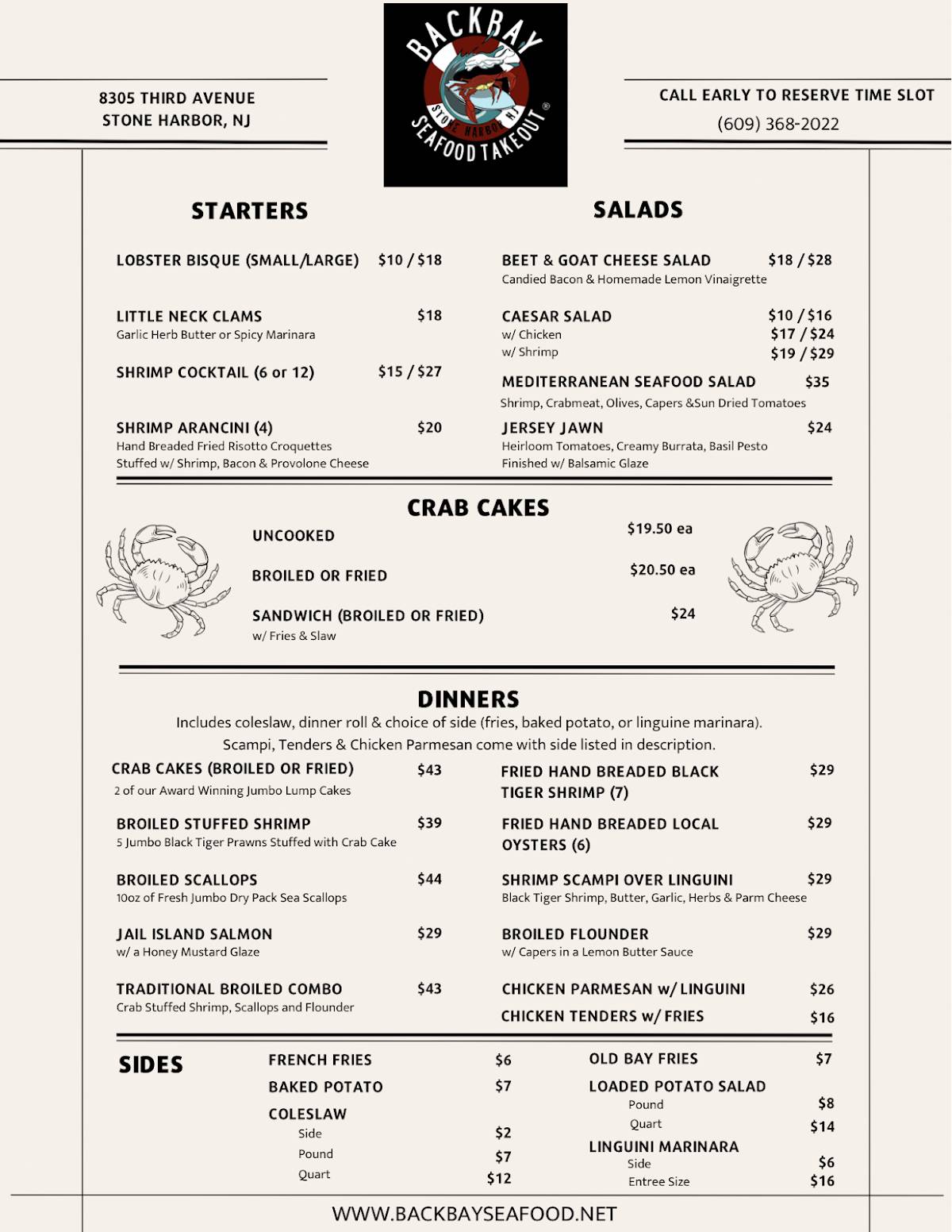 Menu at Back Bay Seafood restaurant, Stone Harbor