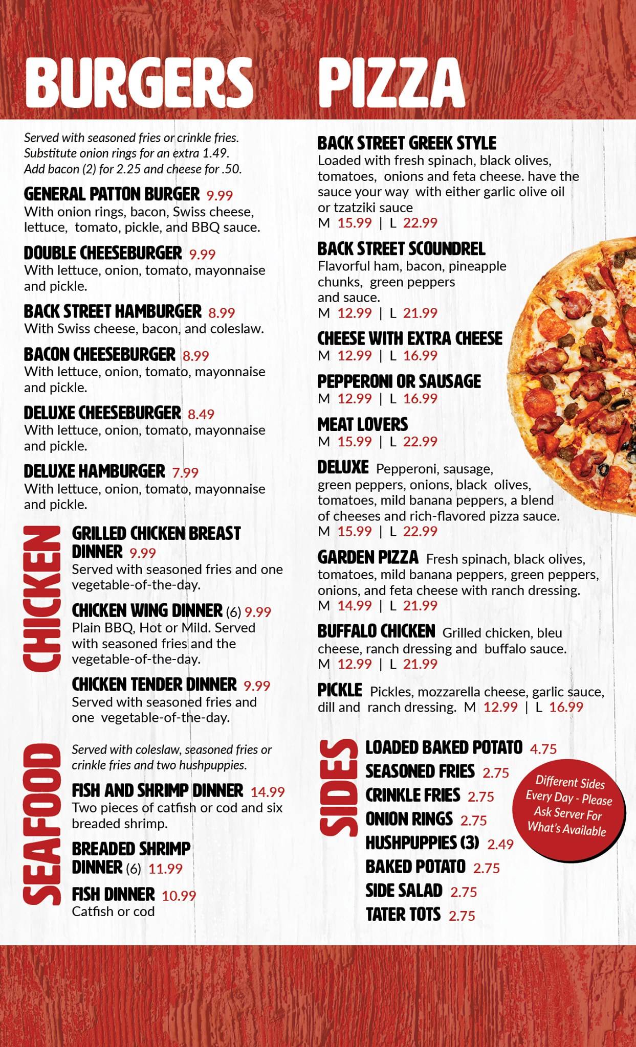 Menu at Backstreet Cafe, Muldraugh