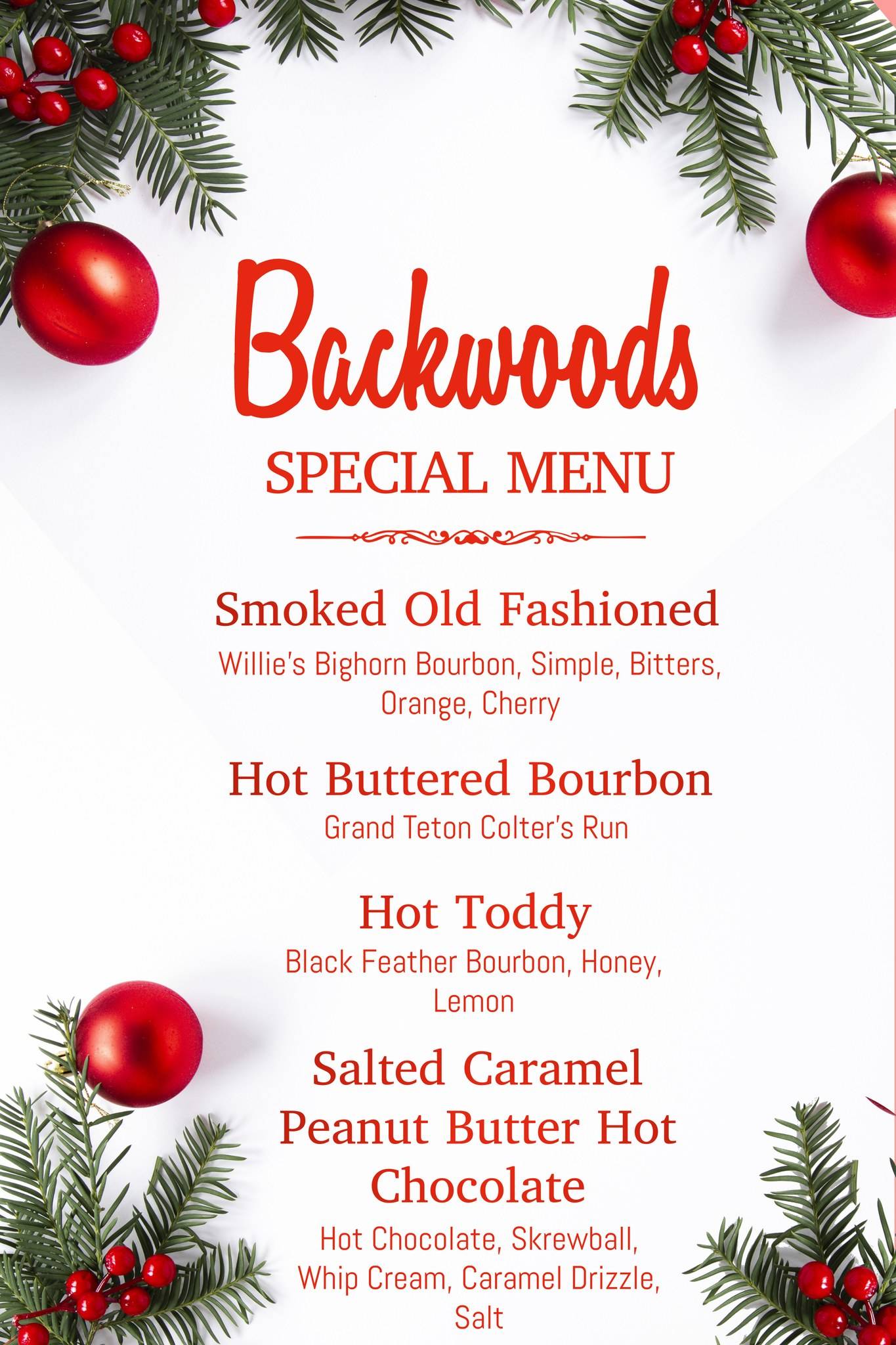 Menu at Backwoods Bar, Coeur d'Alene
