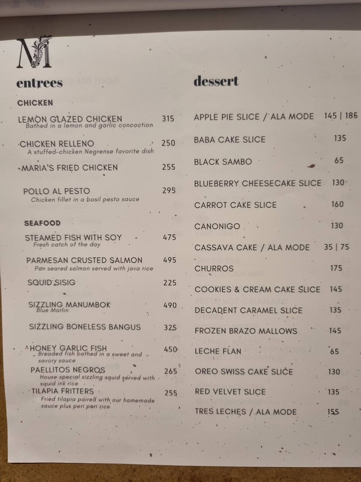 Menu at Maria Kucina Familia restaurant, Bacolod, MXP4+5FM